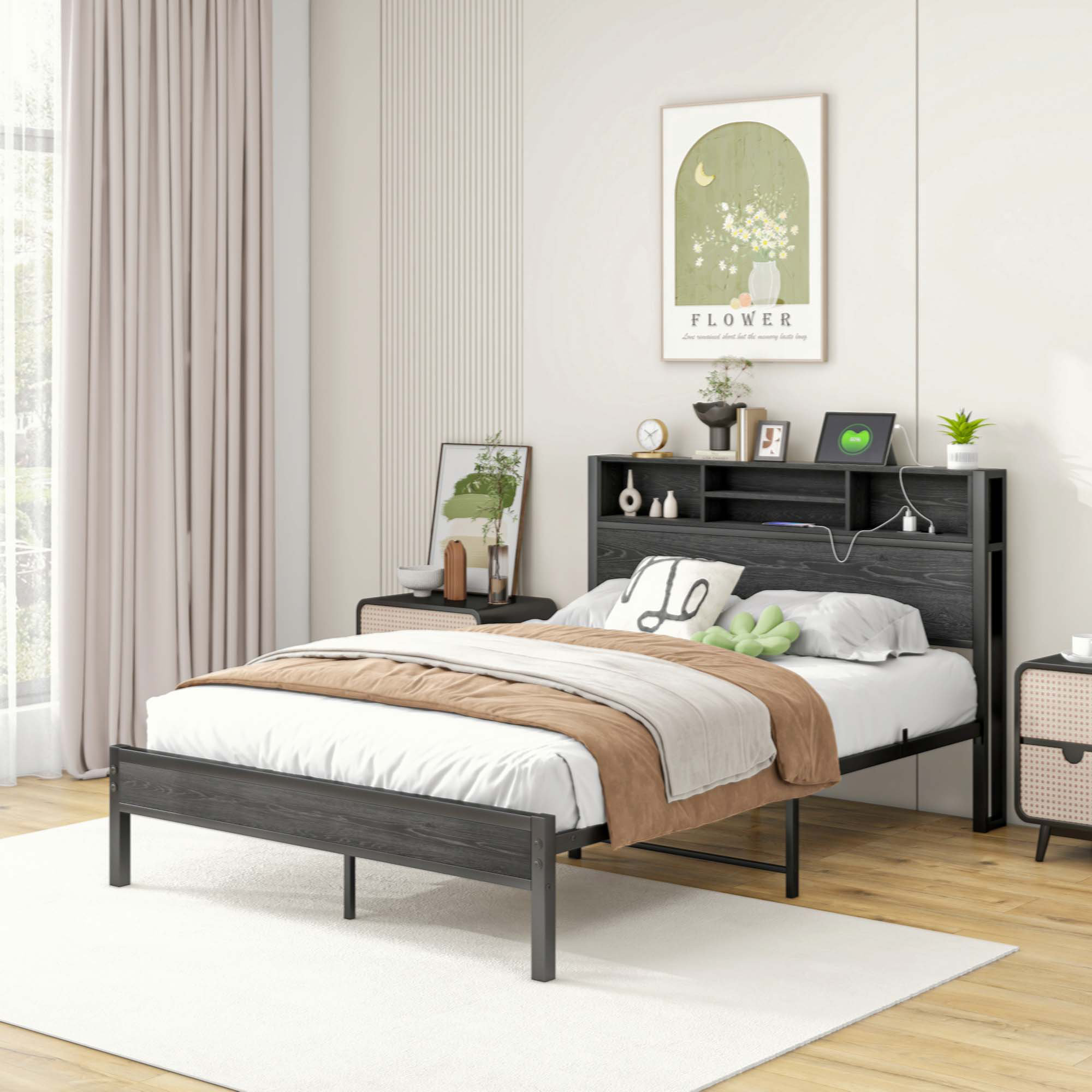 Latitude Run® Bed Frame With Storage Headboard, Metal Platform Bed With ...