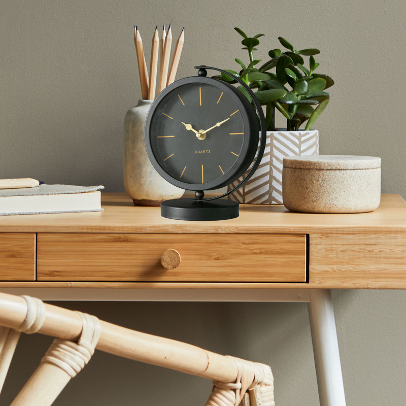 Ebern Designs Analog Mid Century Modern Quartz Tabletop Clock in Black ...