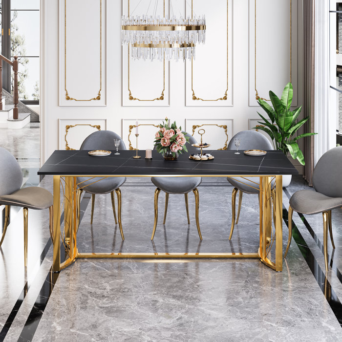 Mercer41 Sanami Rectangular 71'' Dining Table with Metal Golden Legs ...
