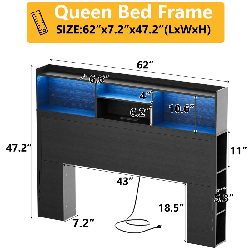 Wrought Studio™ Queen Headboard, 62" Bookcase Headboard with Charging ...