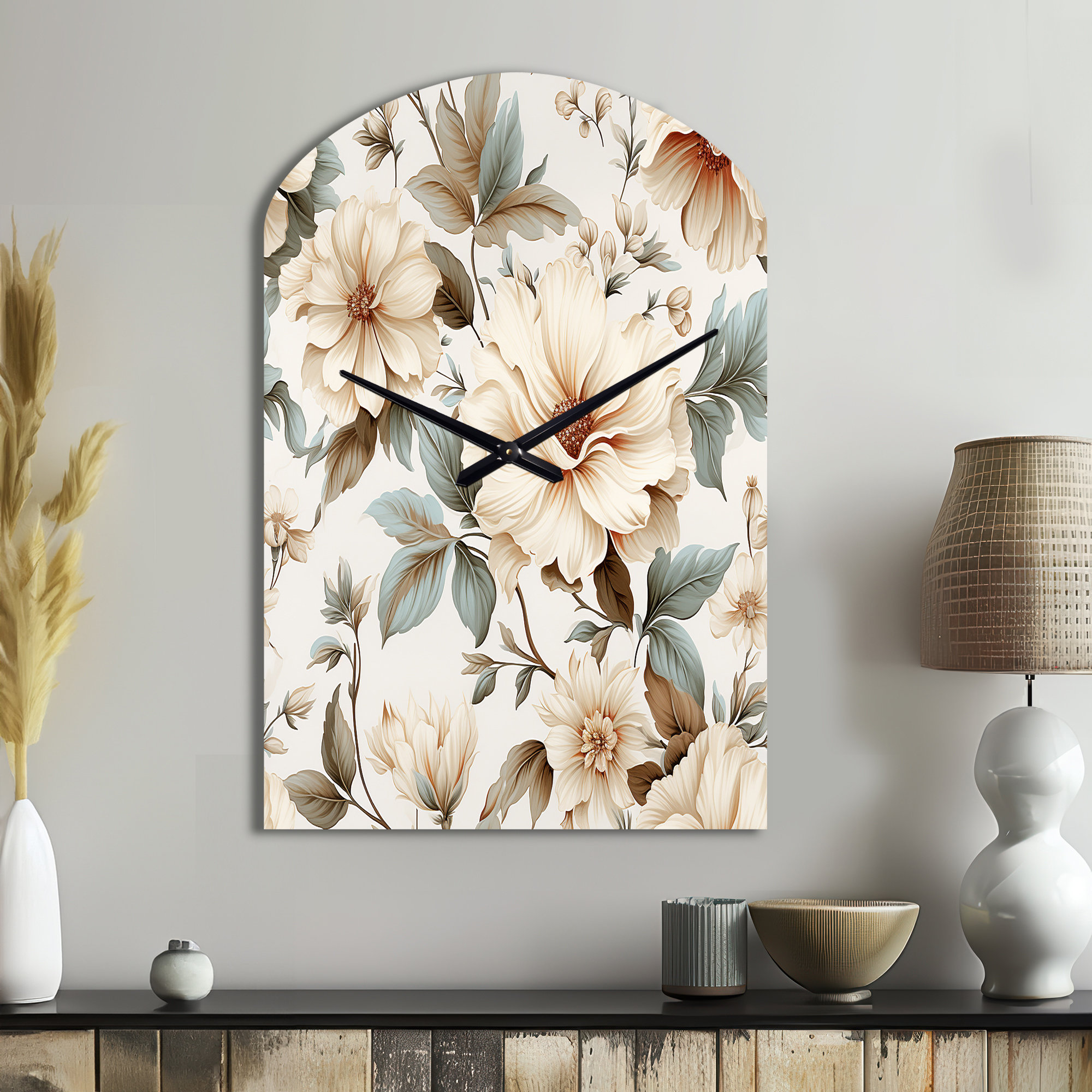 Design Art Vintage Florals - Plants Asymmetrical Metal Wall Clock, Boho ...