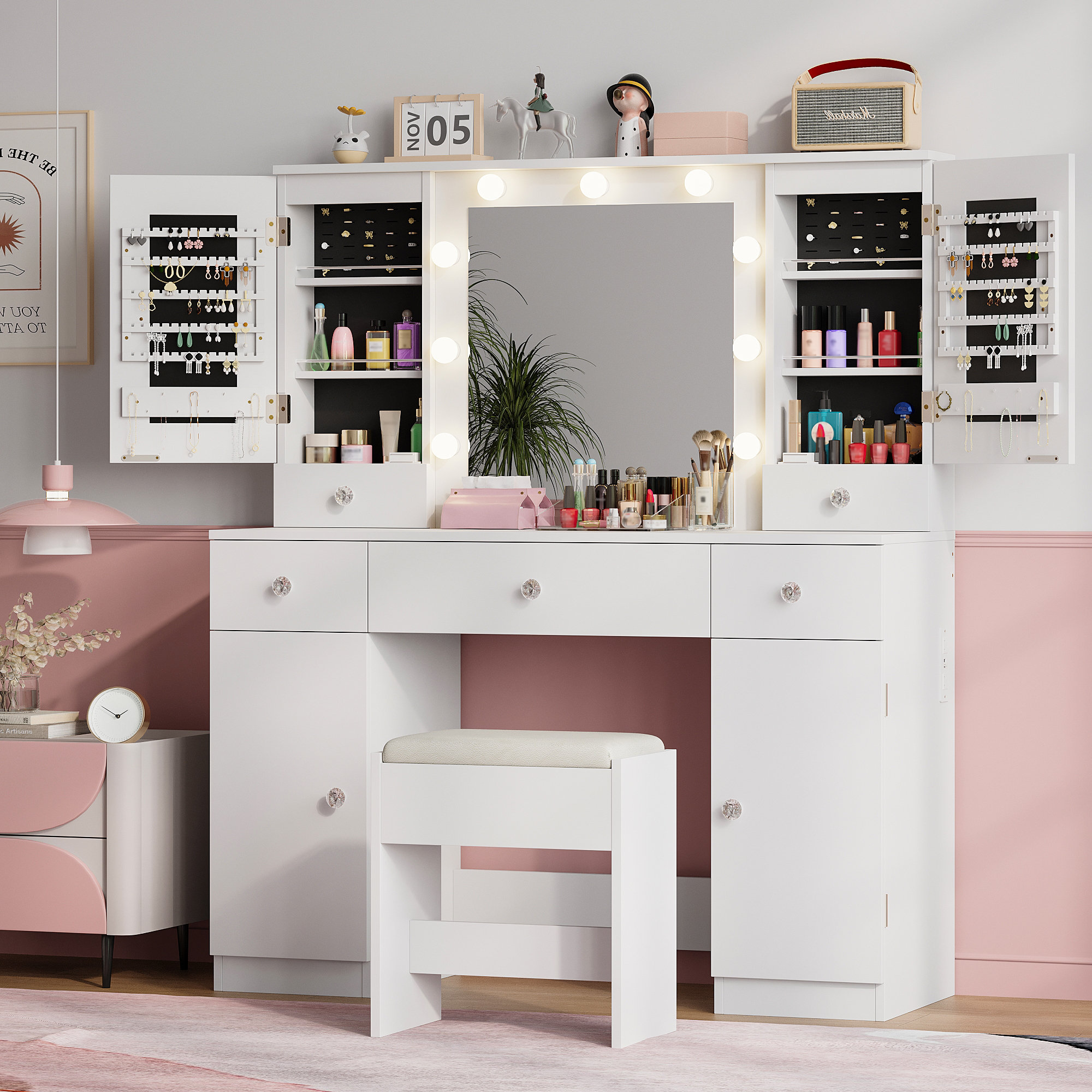 Latitude Run® Custlen Makeup Vanity Set with Stool, LED Lighted Mirror ...