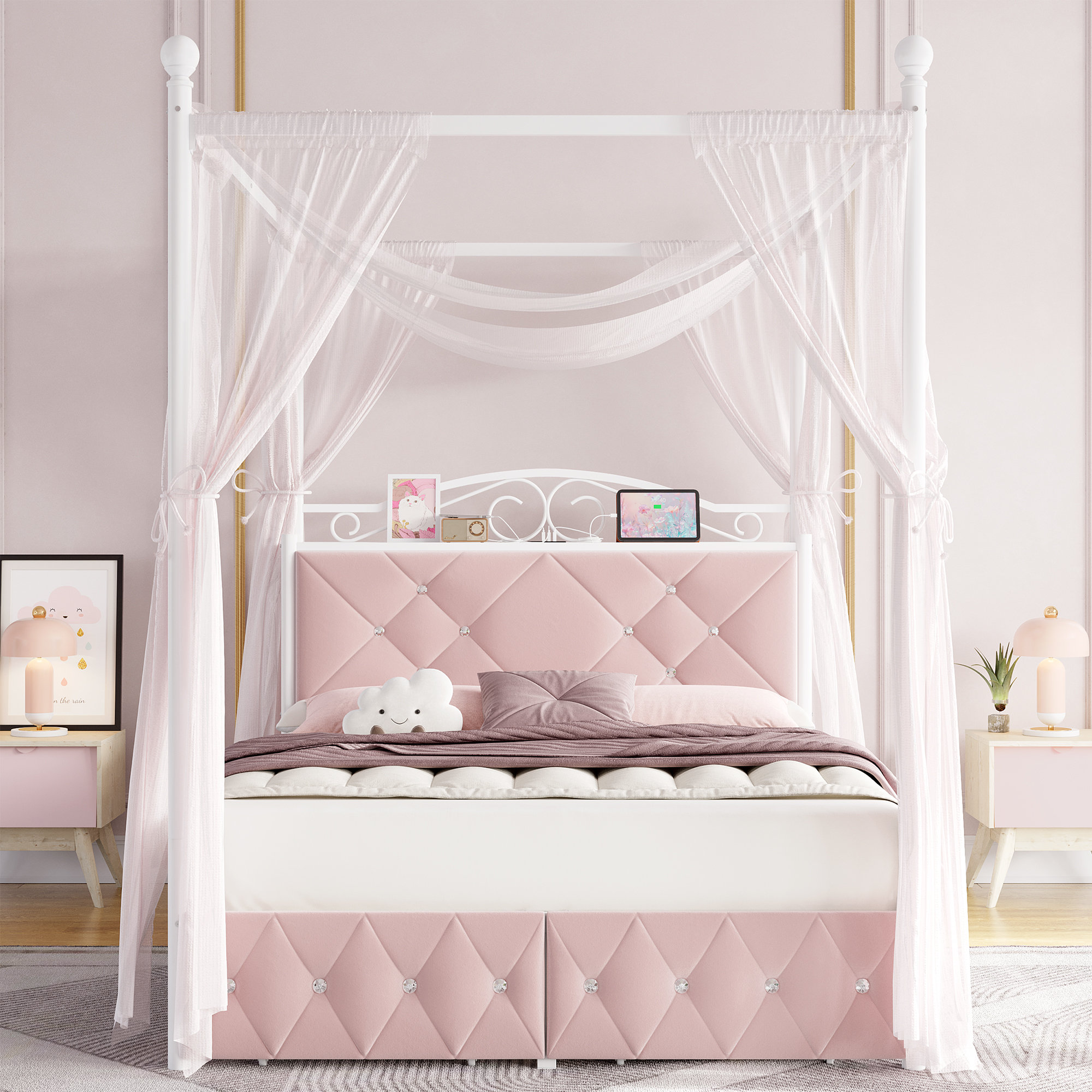 Charlton Home Upholstered Metal Canopy Storage Bed - Wayfair Canada
