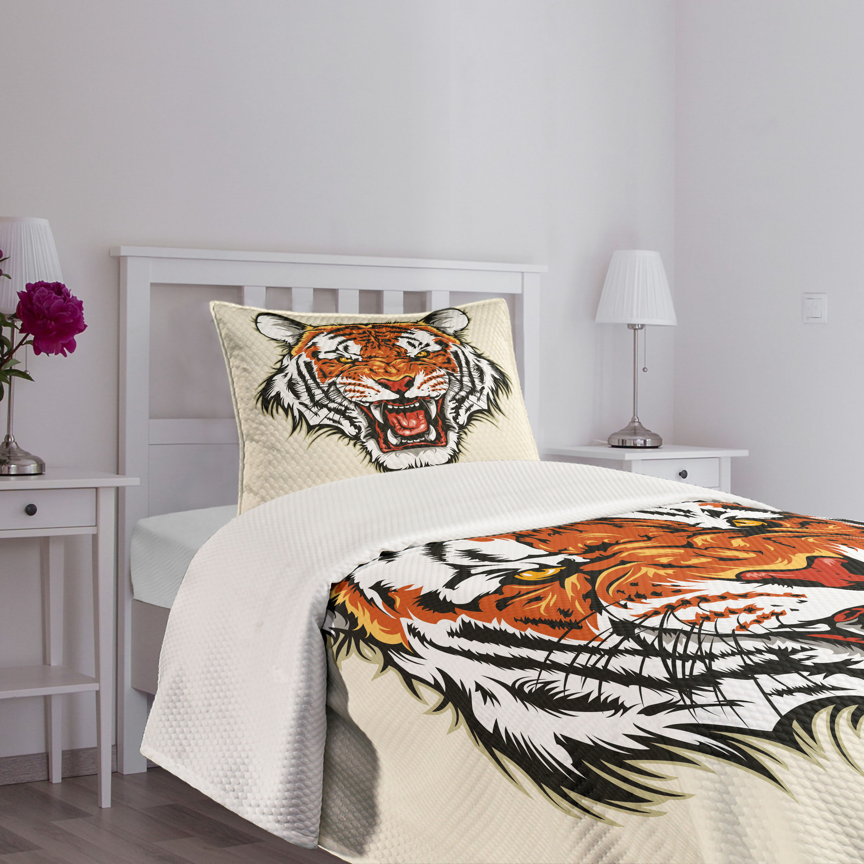 Ambesonne Tiger Bedspread Set Ready to Attack in Jungle Orange Black ...