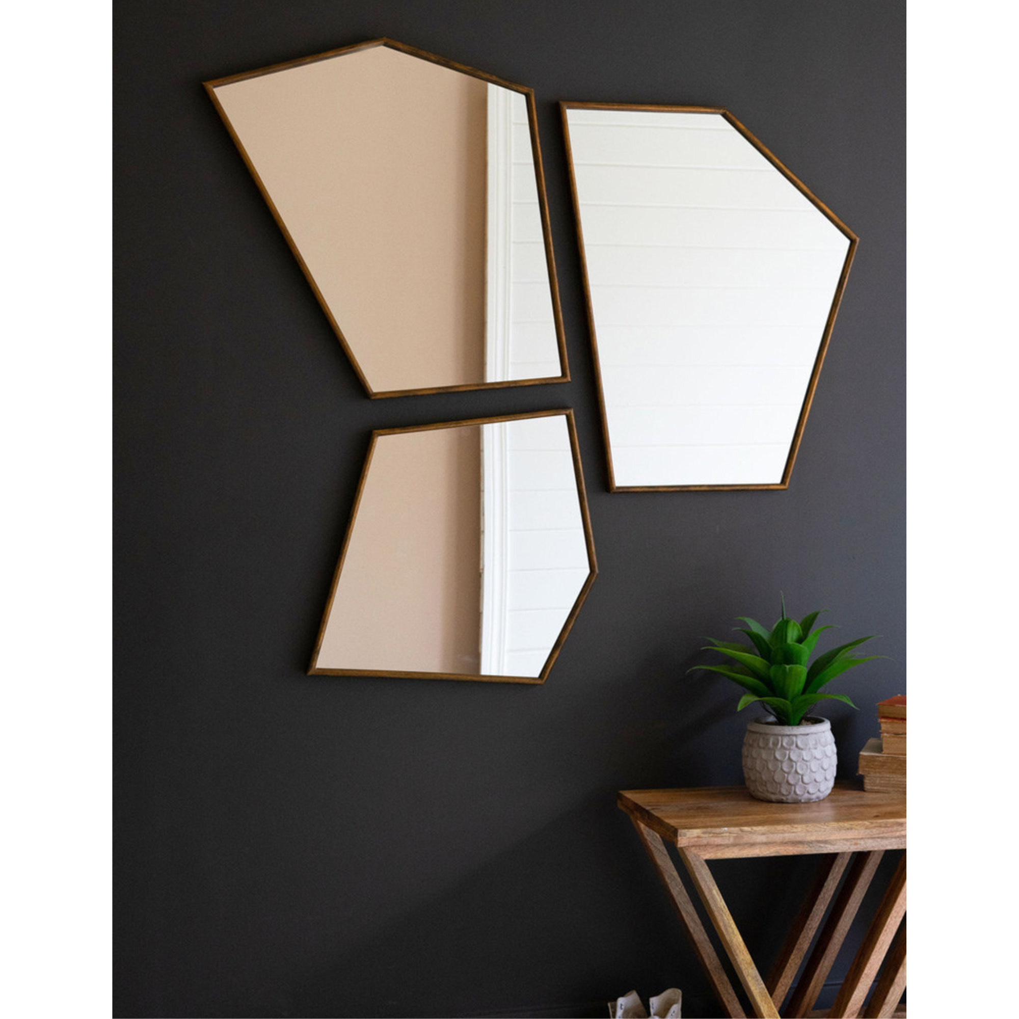 Latitude Run® Set Of 3 Antique Brass Framed Geometric Mirrors In Gold ...