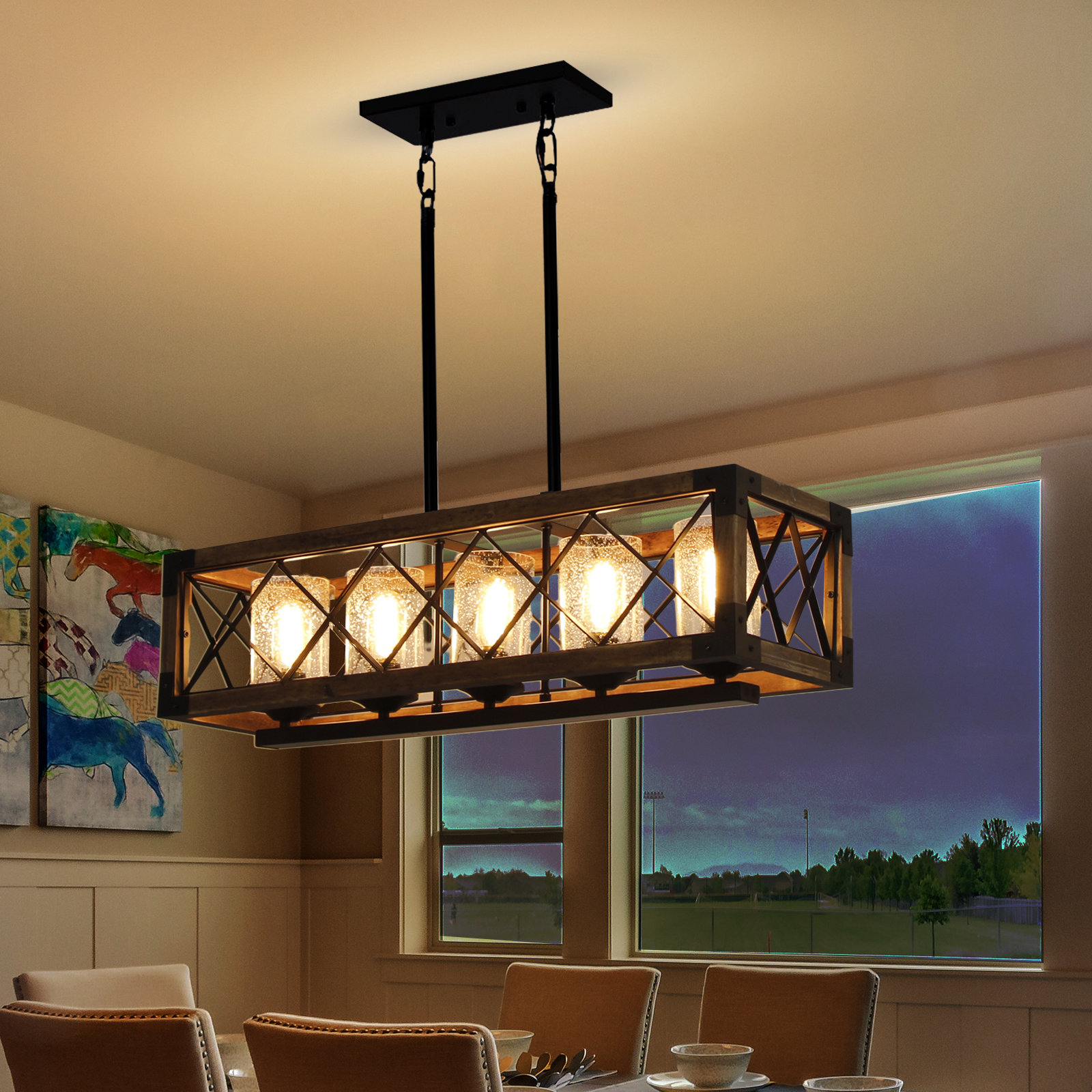 Gracie Oaks Daberechi Rectangle Wood Metal Pendant Light Kitchen Island ...