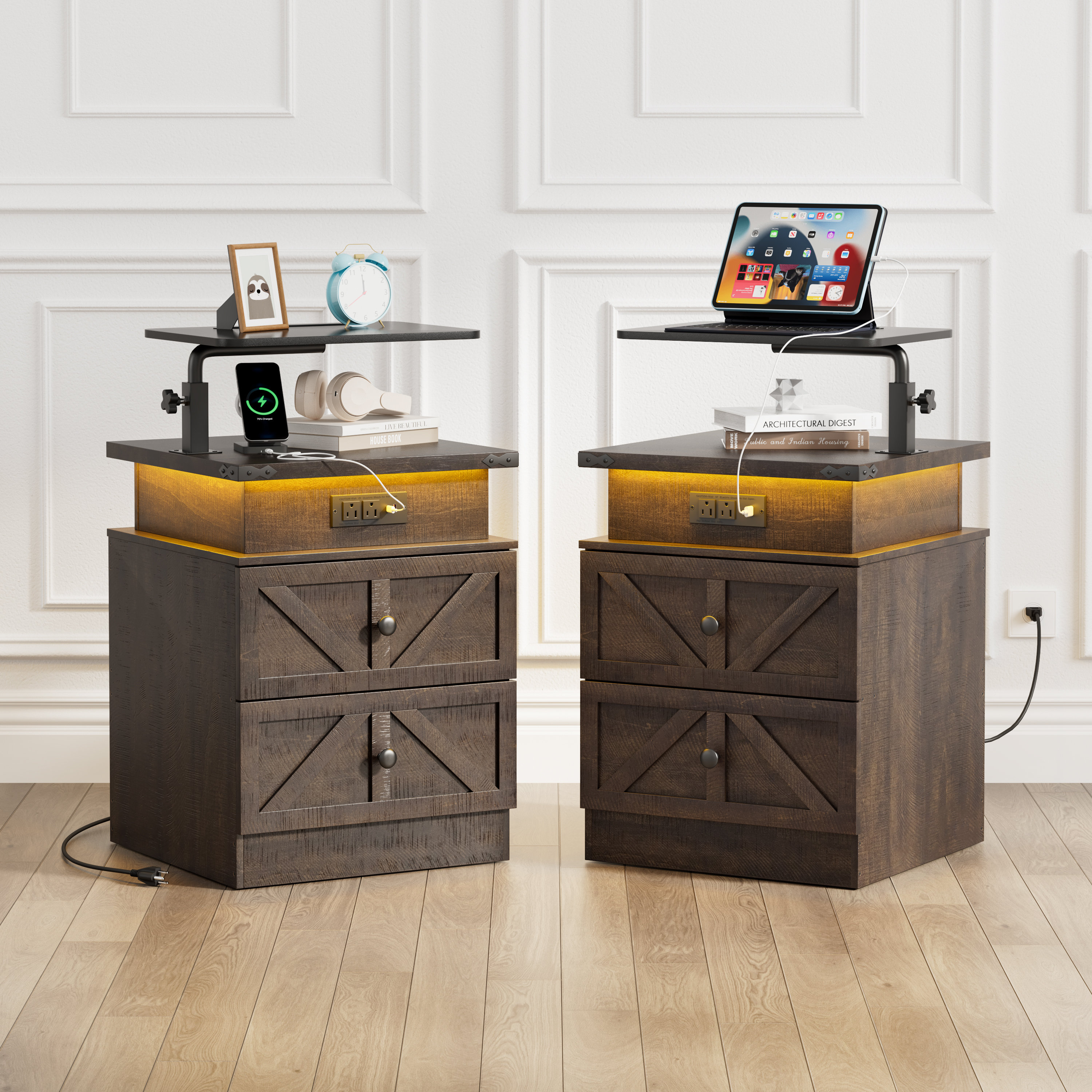 August Grove® 18" Farmhouse Night Stands Set of 2 with Charging Station ...