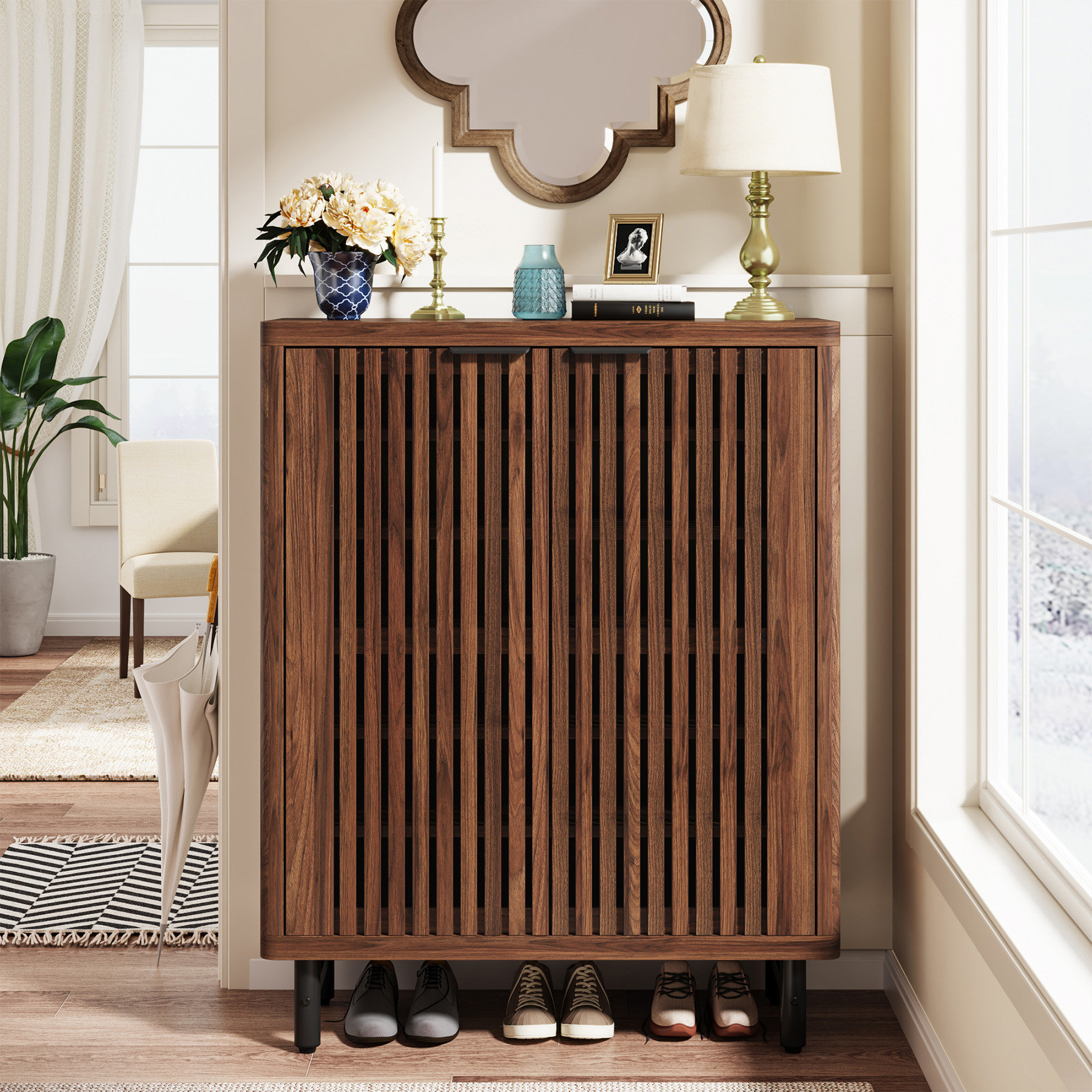 Loon Peak® 24 Pair Walnut Shoe Storage Cabinet with Louvered Doors ...