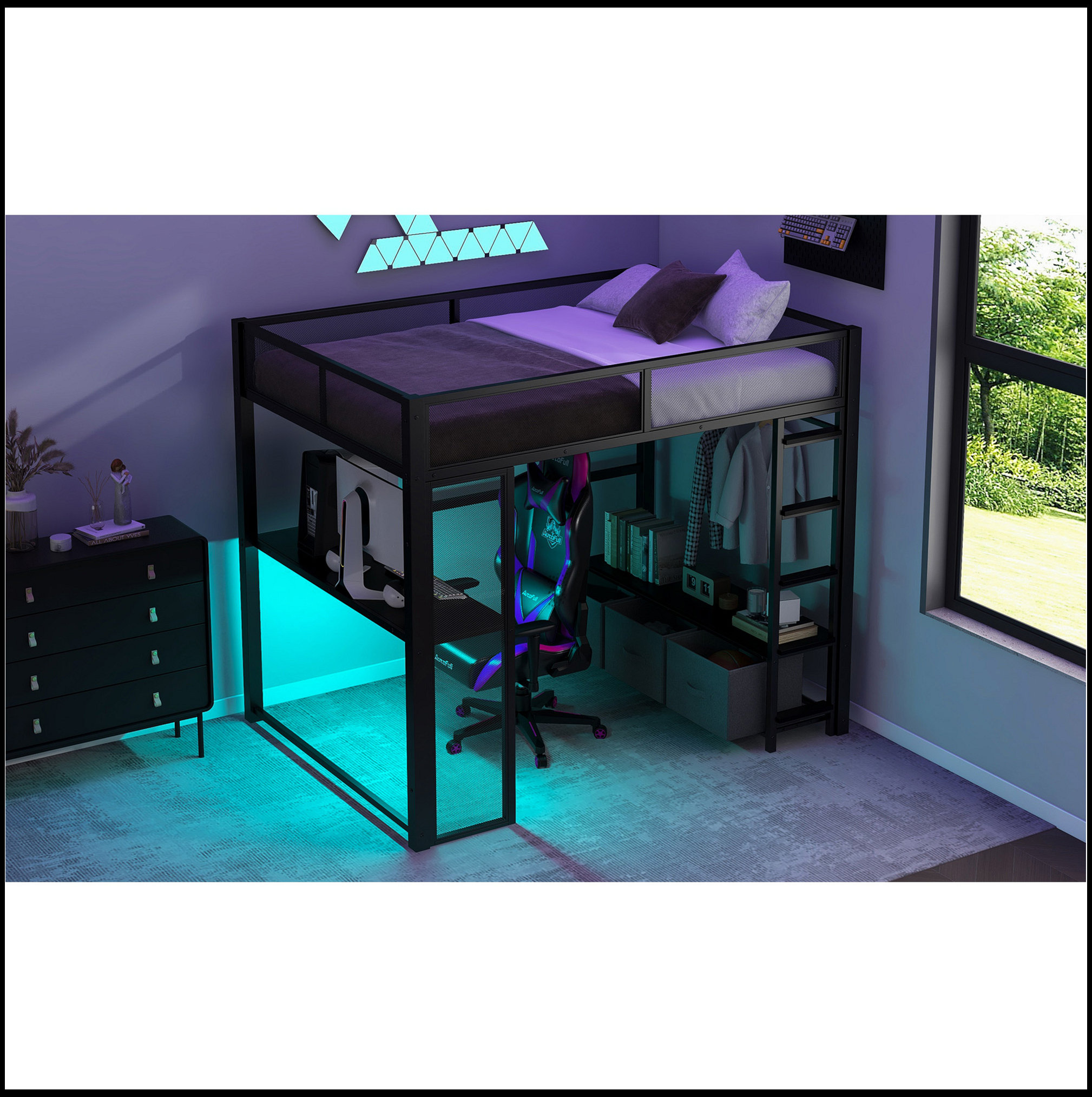 Isabelle & Max™ Full Size Metal Gaming Loft Bed With LED, Desk, Open ...