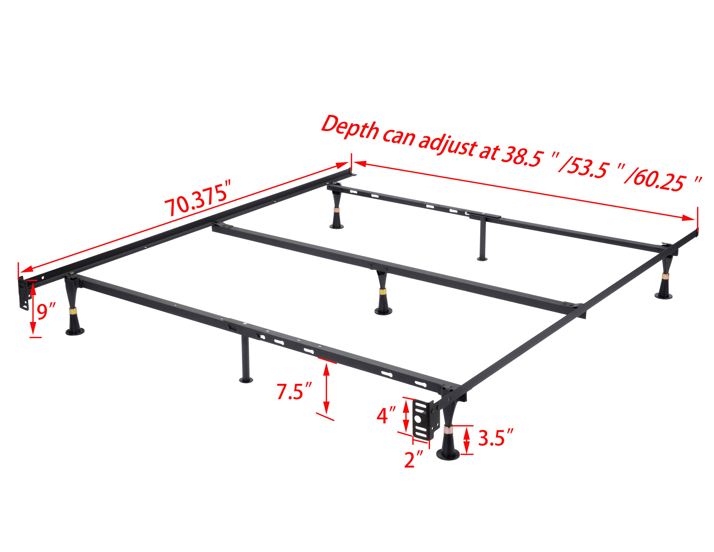 Alwyn Home Adjustable Metal Bed Frame with Center Support Rail, Support ...