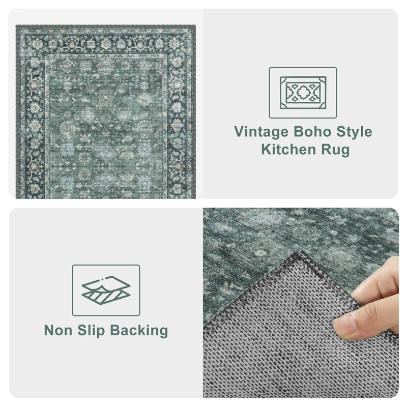 Bungalow Rose Boho Farmhouse Kitchen Rug, Non-Slip Washable Rubber Mats ...