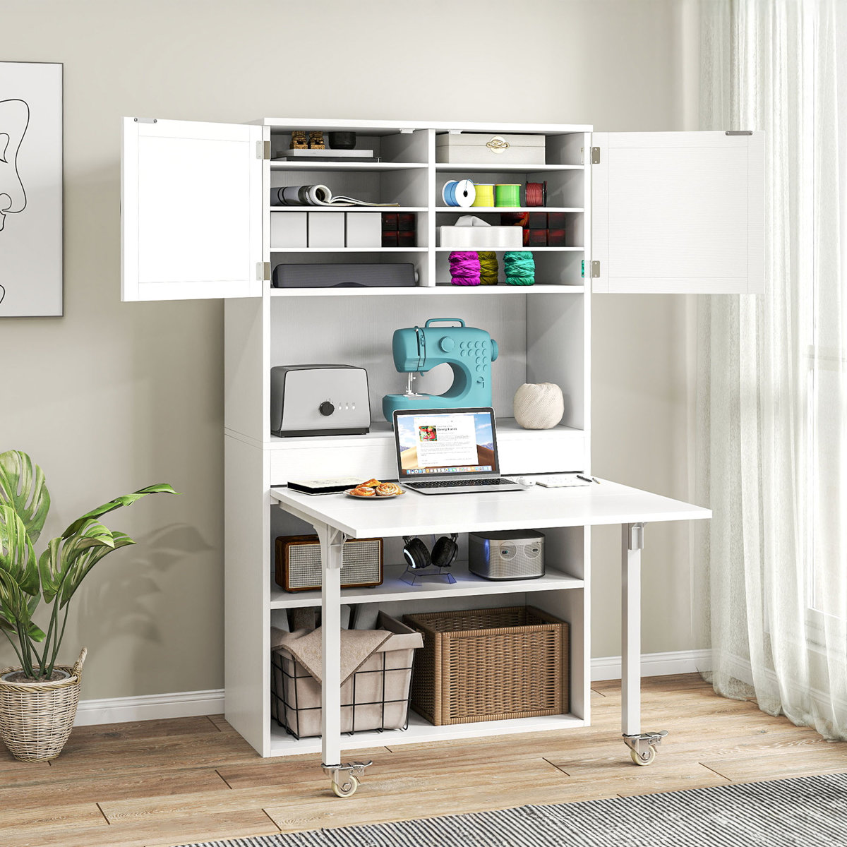 Balconera Expandable Crafting Sewing Table With Storage Cabinet And ...