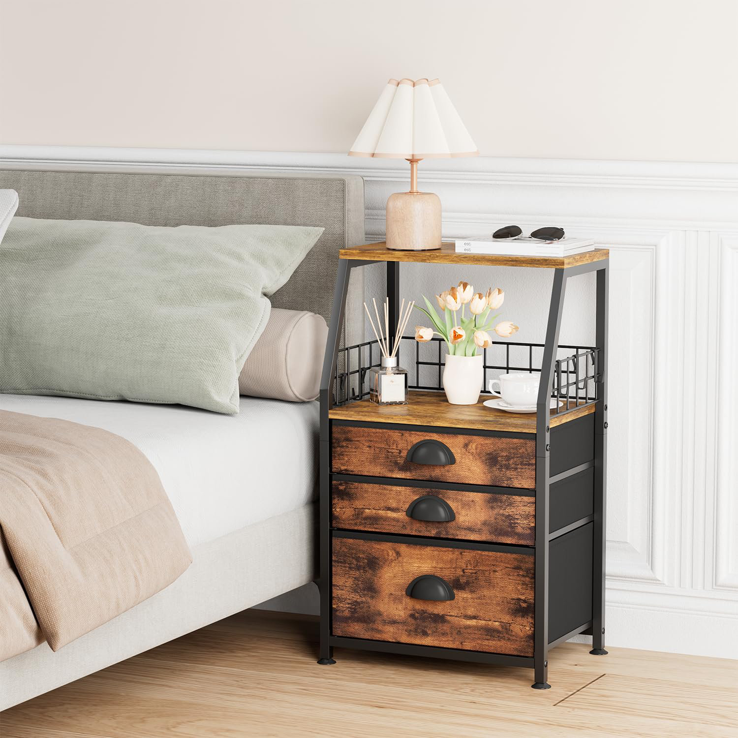 17 Stories Nightstand Bedside Table With 6 Hooks - 28 Inch Tall, 3 ...