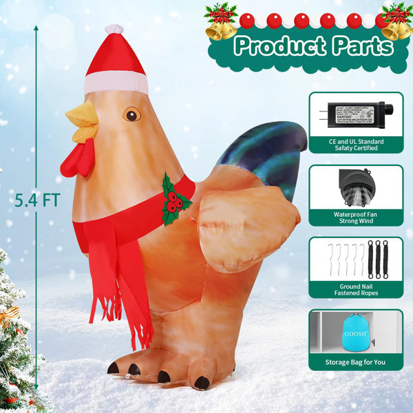 GOOSH Christmas Inflatables 5.4 FT Christmas Chicken Inflatable with ...