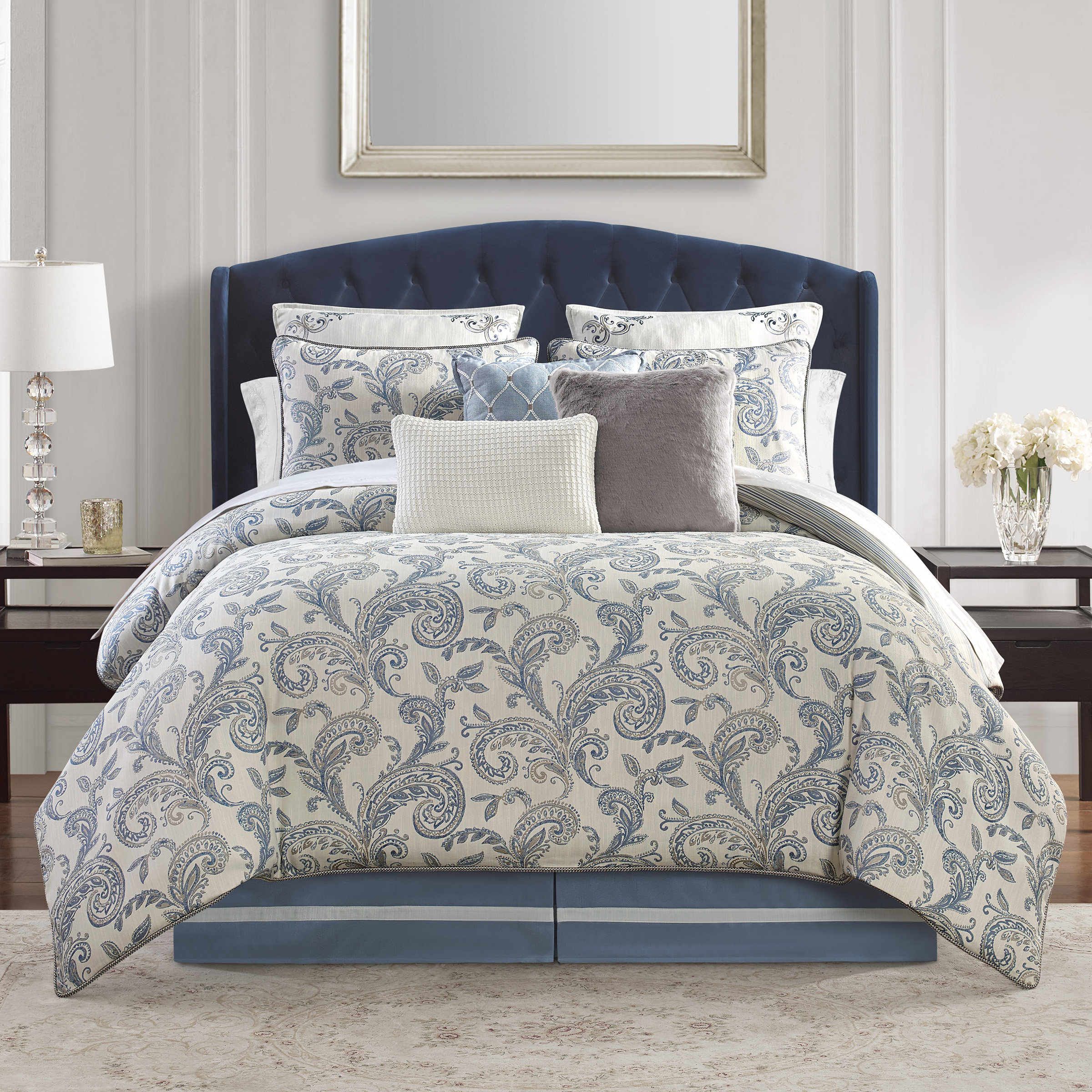 Waterford Bedding Florence Blue/White Microfiber Reversible 6 Piece ...