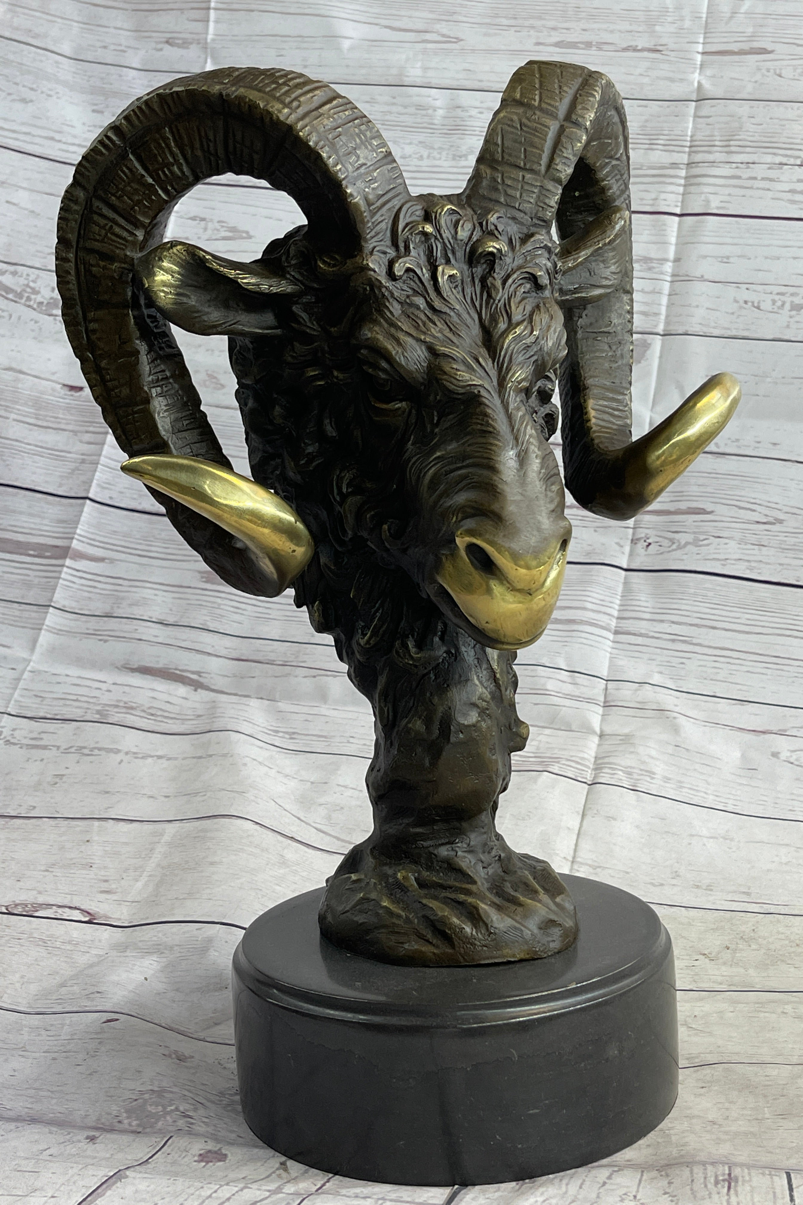 Millwood Pines Barello Rams Head Bust Bronze Metal Sculpture Statue On Marble Base Signed ...