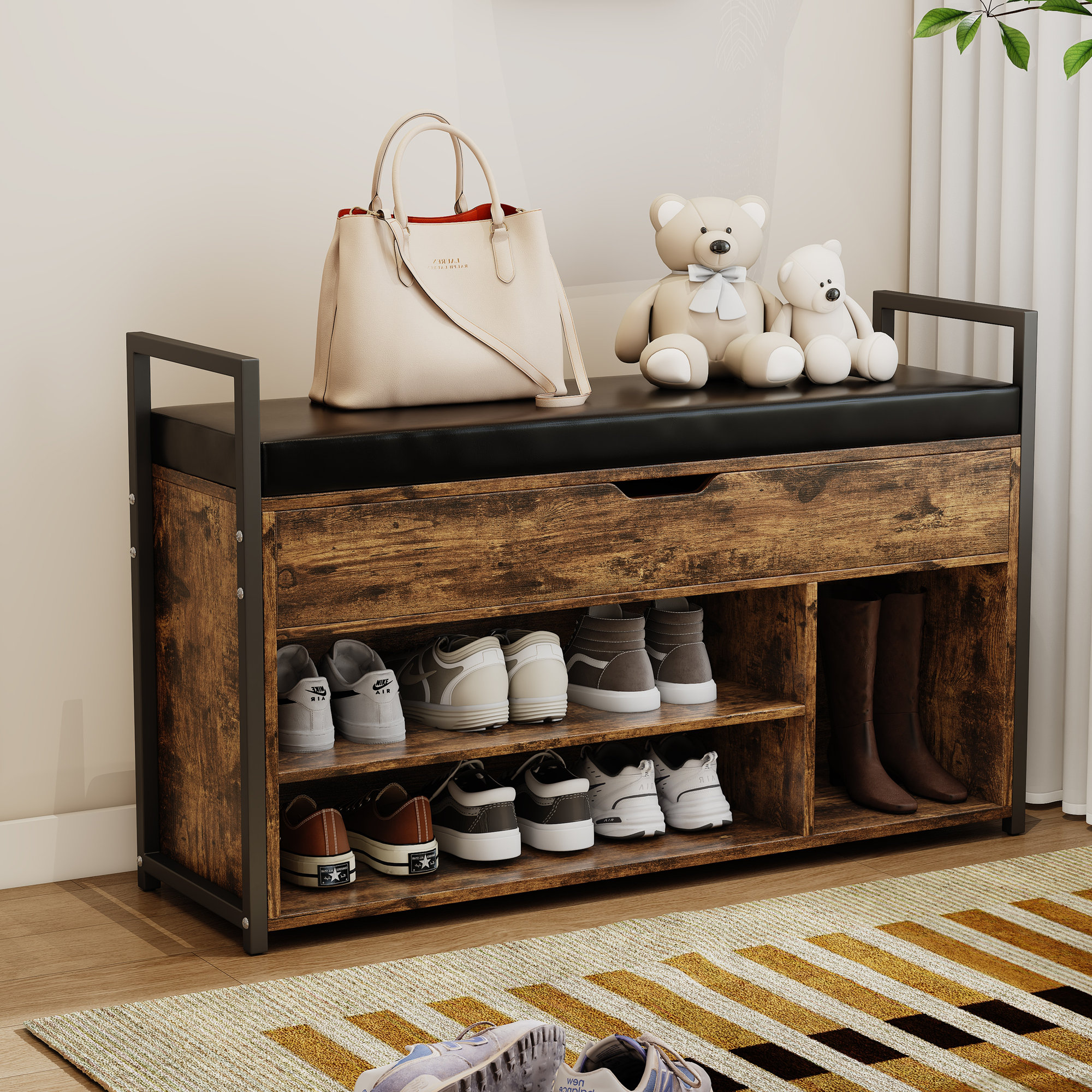 Latitude Run® 39"Shoe Storage Bench with Cushion, Entryway Bench with ...