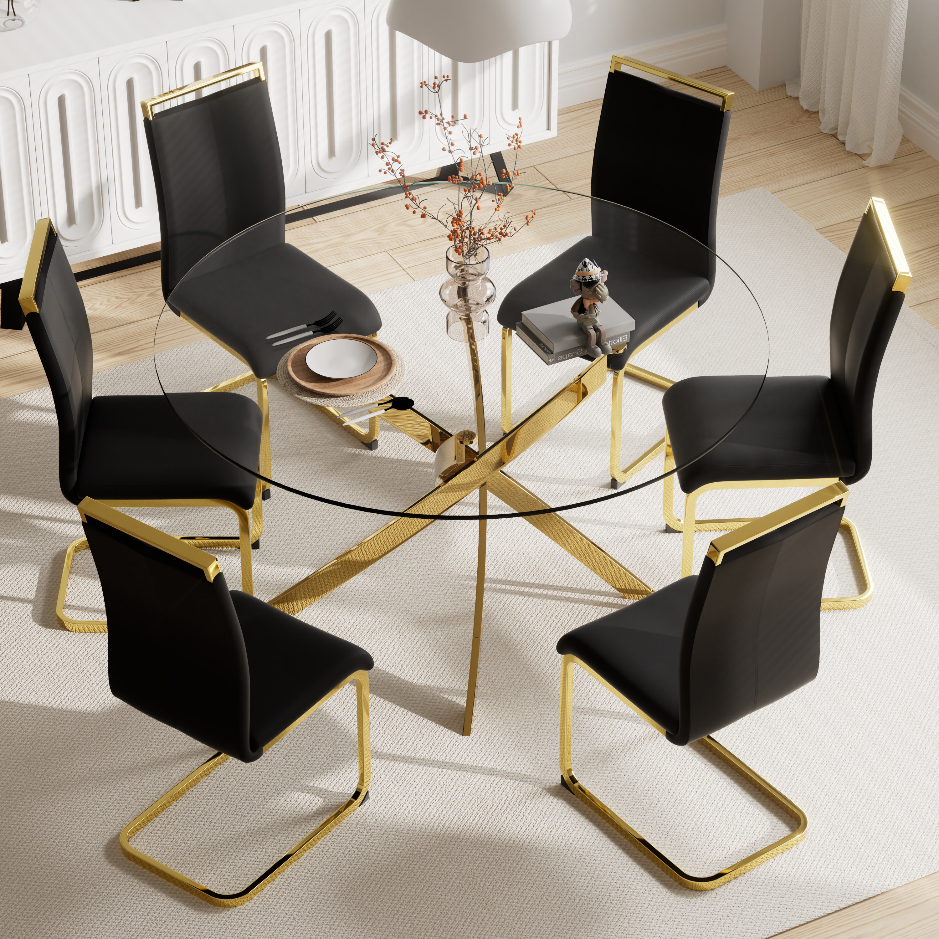 Mercer41 7-Piece Dining Table Set, 47-Inch Tempered Glass Round Table ...