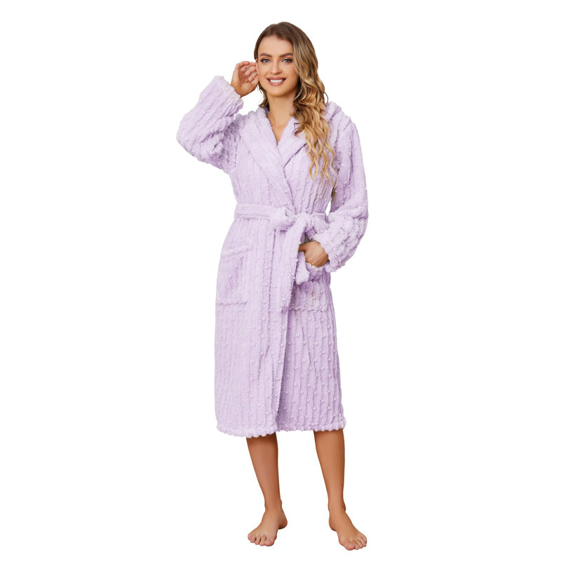 Latitude Run® Fuzzy Soft Robes For Women, Long Plush Hooded Robe Fluffy ...