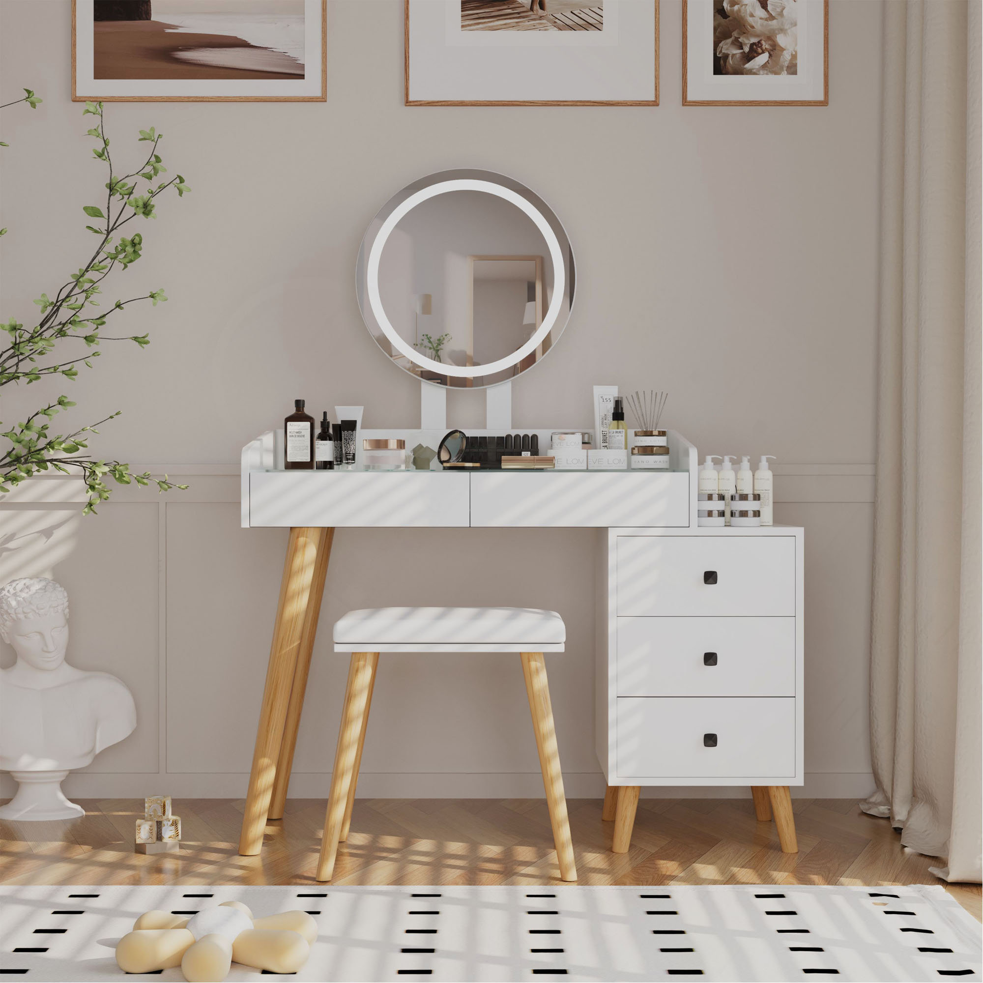 East Urban Home Dressing Table With LED Lights Glass Top Dressing Table With Extendable Side ...