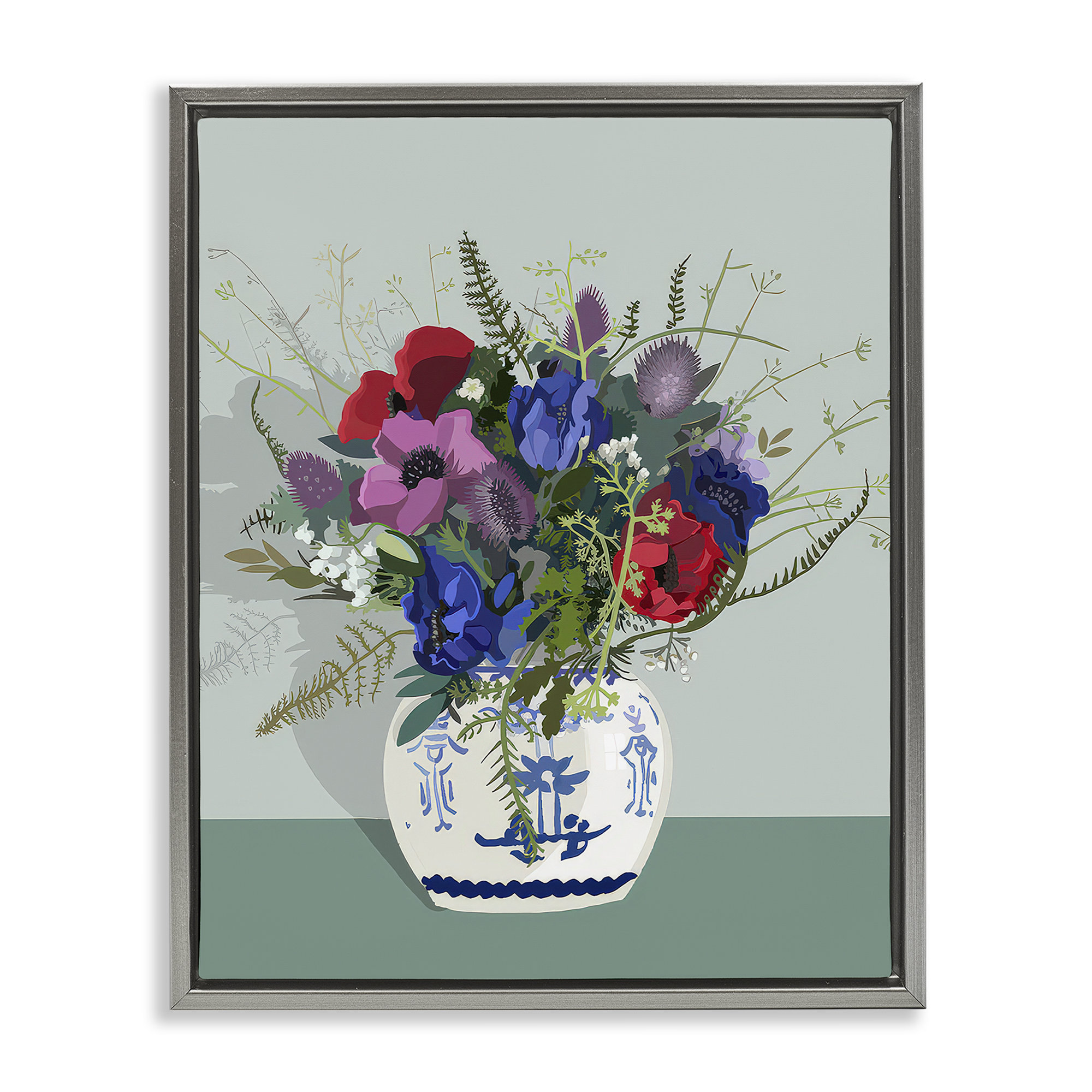 Charlton Home Ginger Jar & Anemones Framed Floater Canvas Wall Art by ...