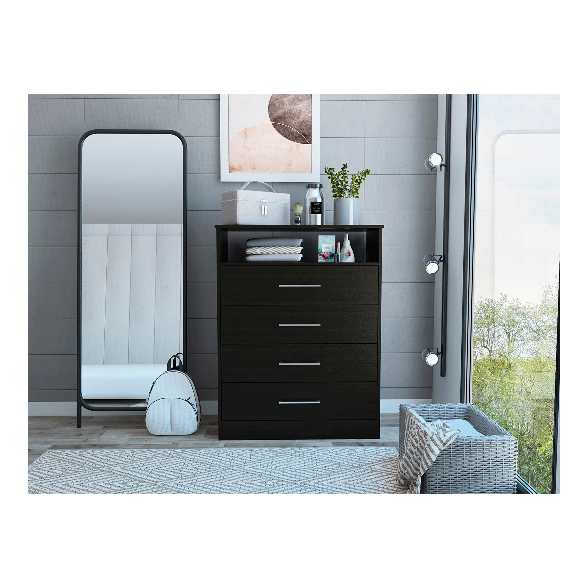 Latitude Run® Continental Dresser, Superior Top, Four Drawers, One Shelf -Black | Wayfair