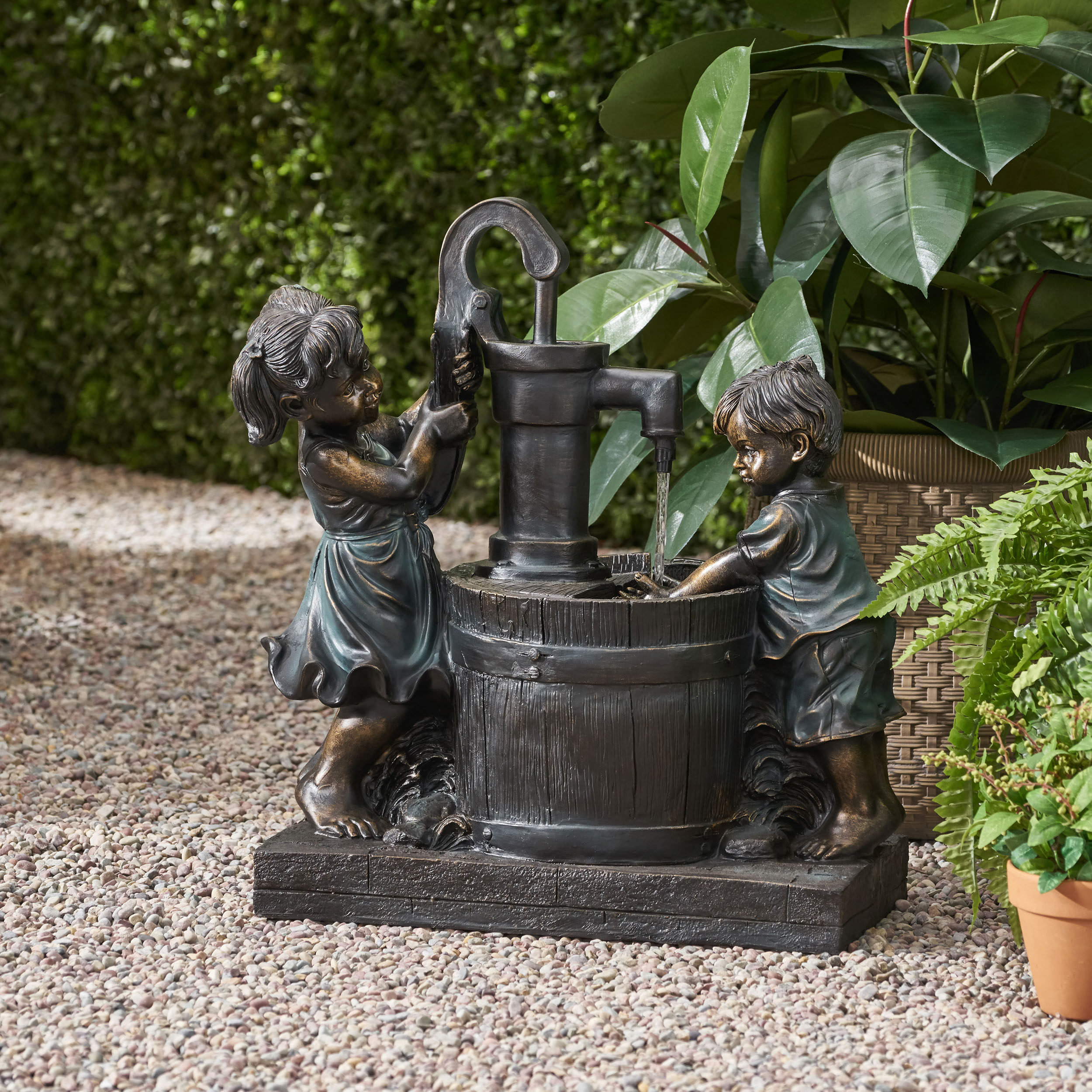 Canora Grey Concow Resin Children at Water Pump Fountain | Wayfair