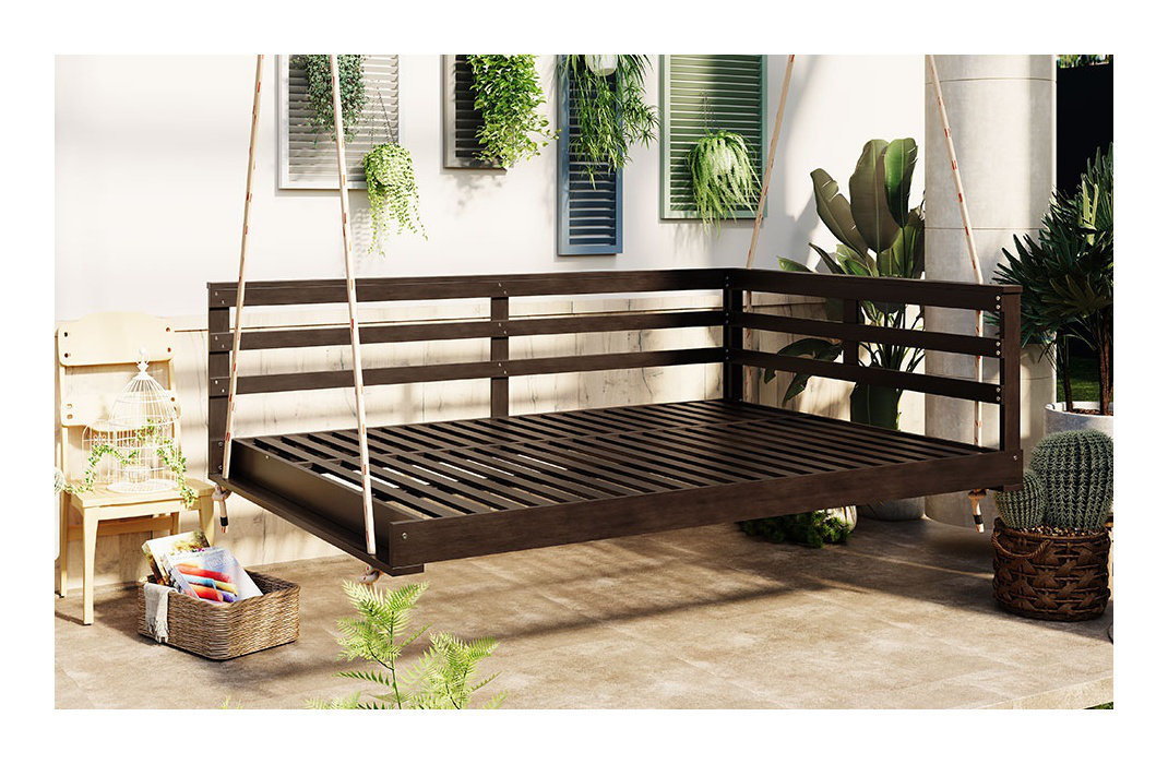 Ebern Designs TOPMAX Acacia Wood Porch Swing Bed - Full Size Outdoor ...