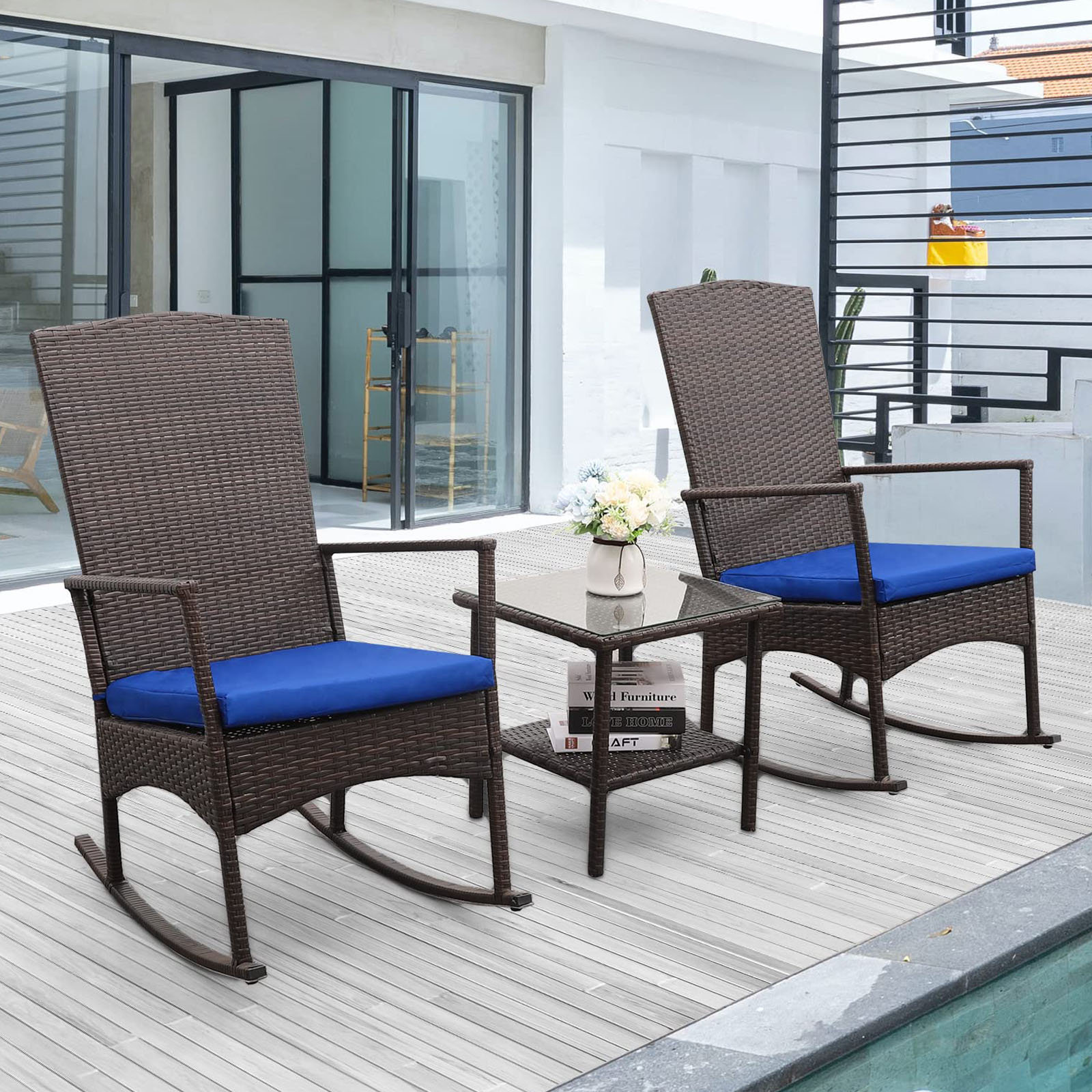 Winston Porter 3-Piece Outdoor PE Wicker Rocking Chair Patio Rattan ...