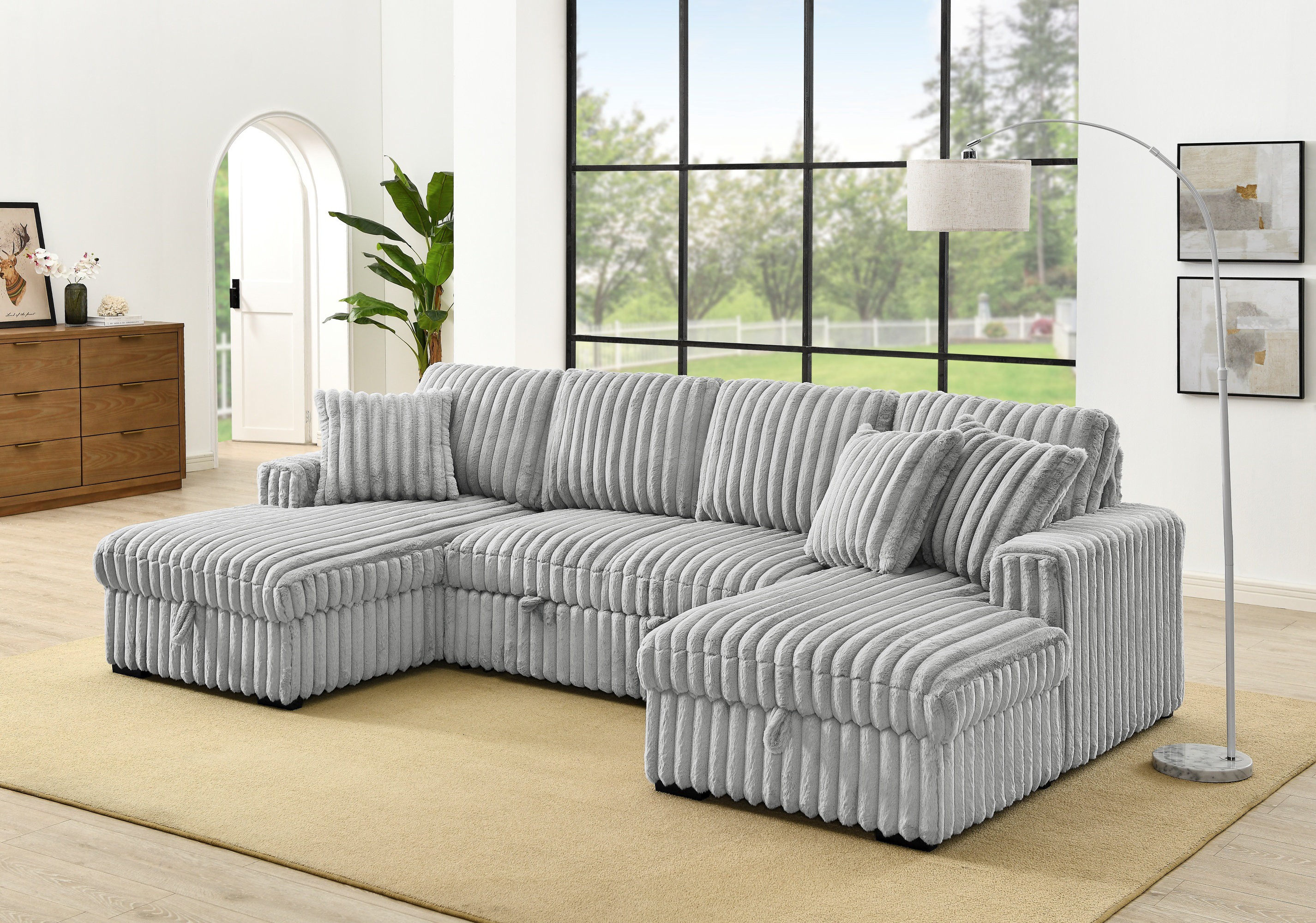Hokku Designs 122 Corduroy Suqare Arm Sectional Sleeper Sofa U Shaped Sectional Sofa with Pull Out Sleeper Bed and Double Storage Chaise Wayfair