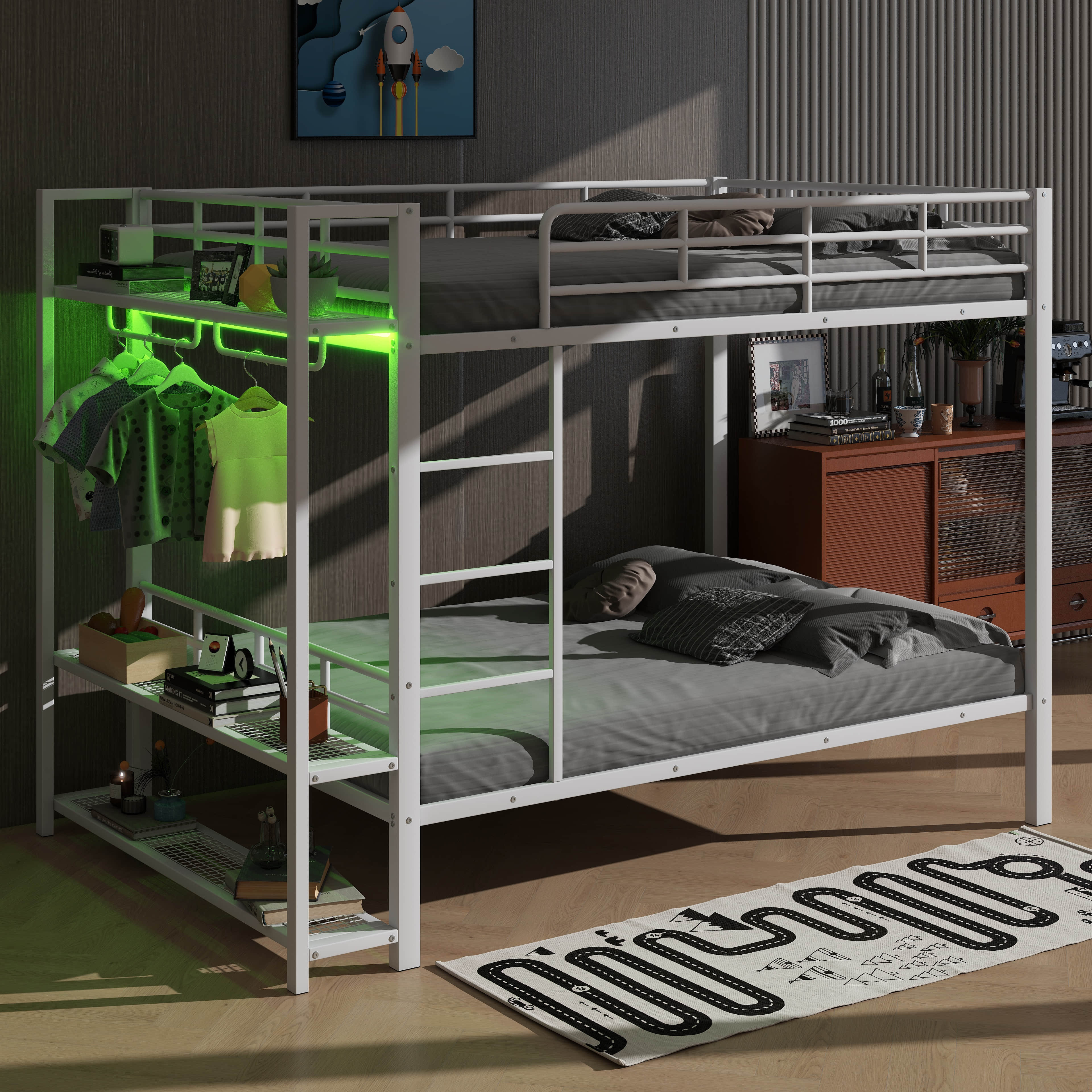 Ivy Bronx Full Over Full Metal Bunk Bed With LED Illumination, Mesh ...