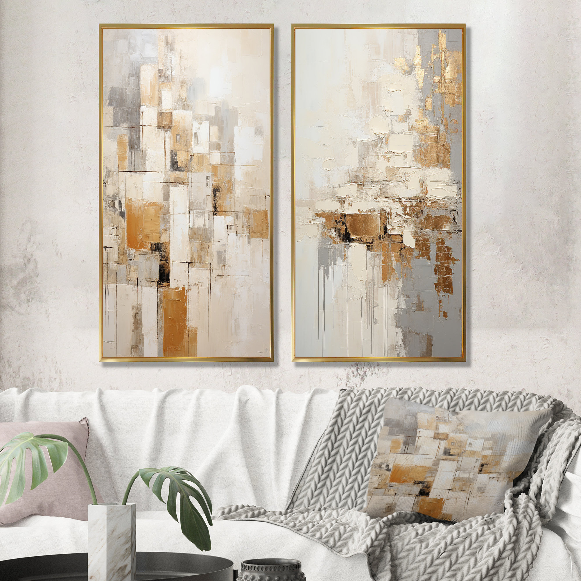Ivy Bronx Beige And Golden Cubic Perspective - Abstract Collages Canvas ...