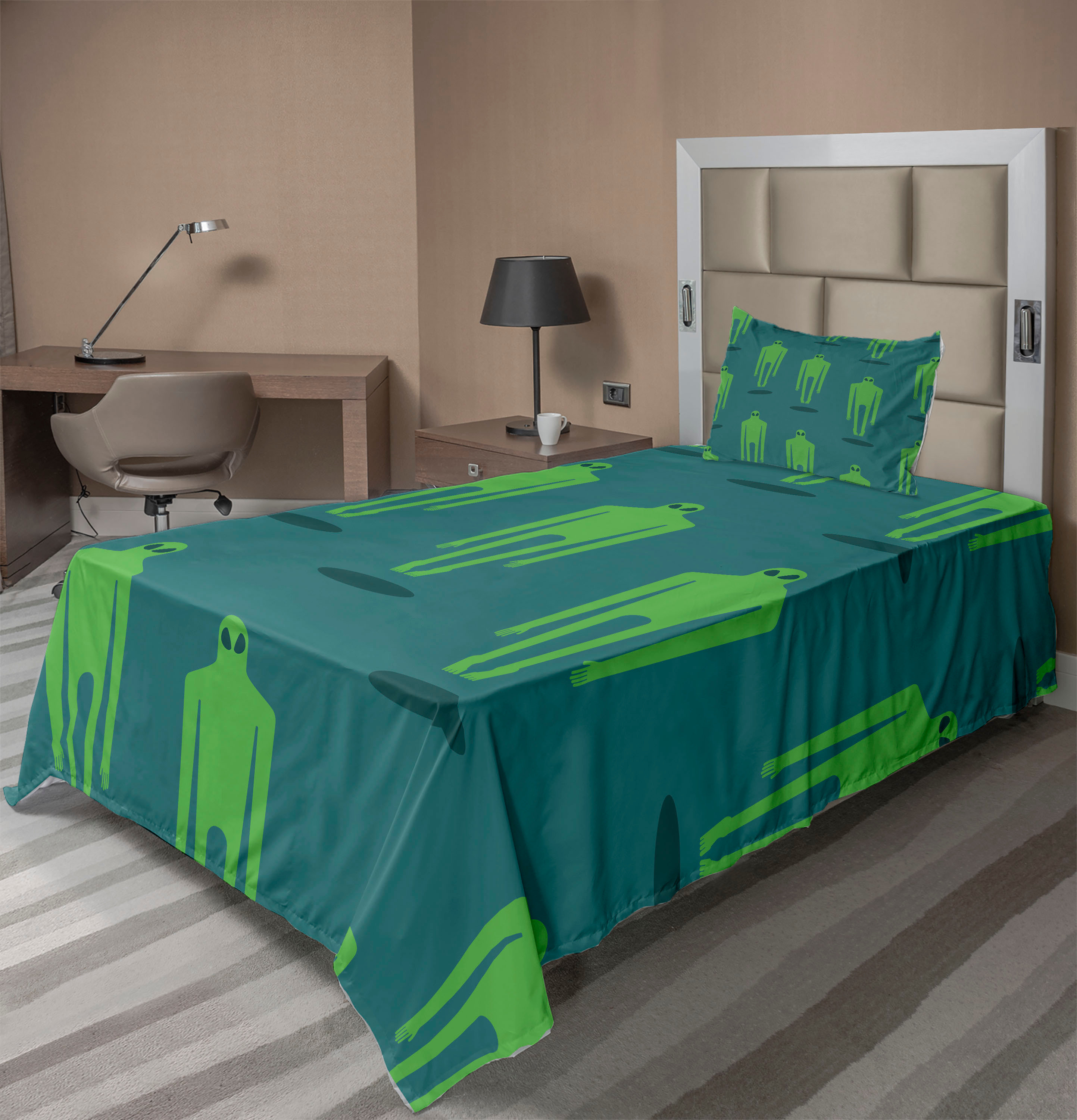Ambesonne Alien Sheet Set Floating Extraterrestrials Fern Green and ...