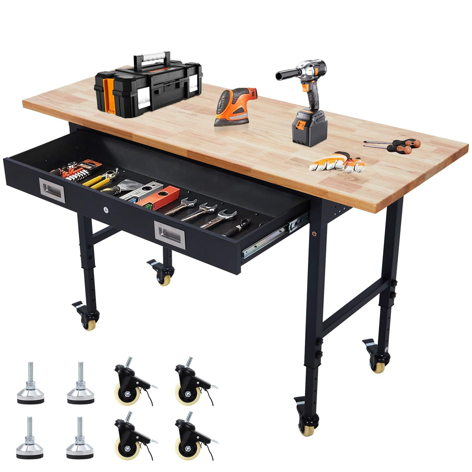 babevy 60" Workbench With Drawer Storage, Adjustable Height Worktable ...