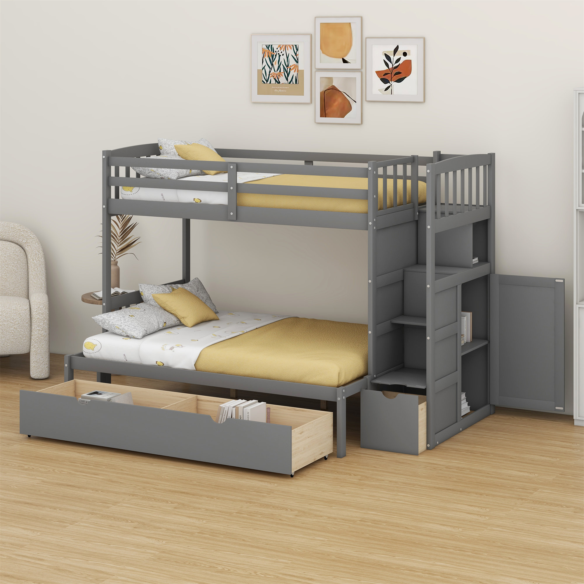 Harriet Bee Bunk Bed, Convertible Bottom Bed, Storage Shelves And ...