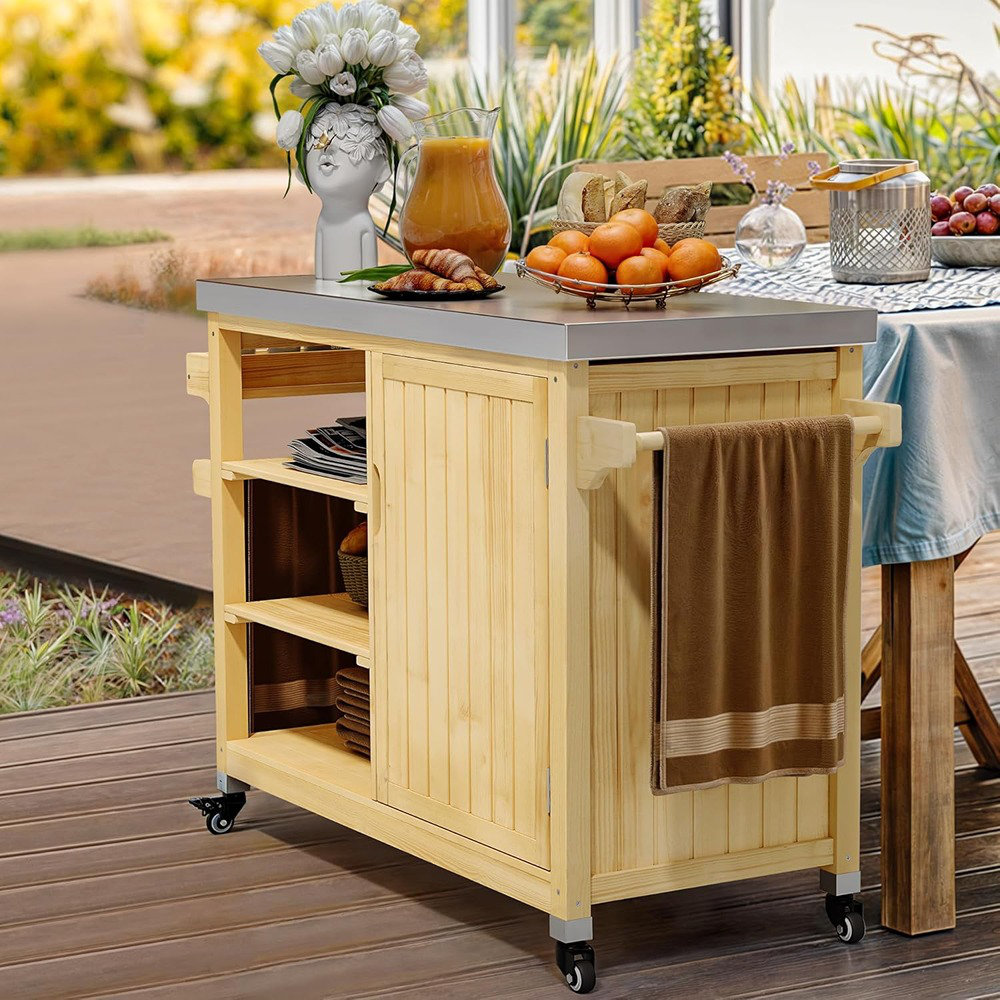 Arlmont & Co. XL Solid Wood Outdoor Grill Cart Storage Cabinet With S ...