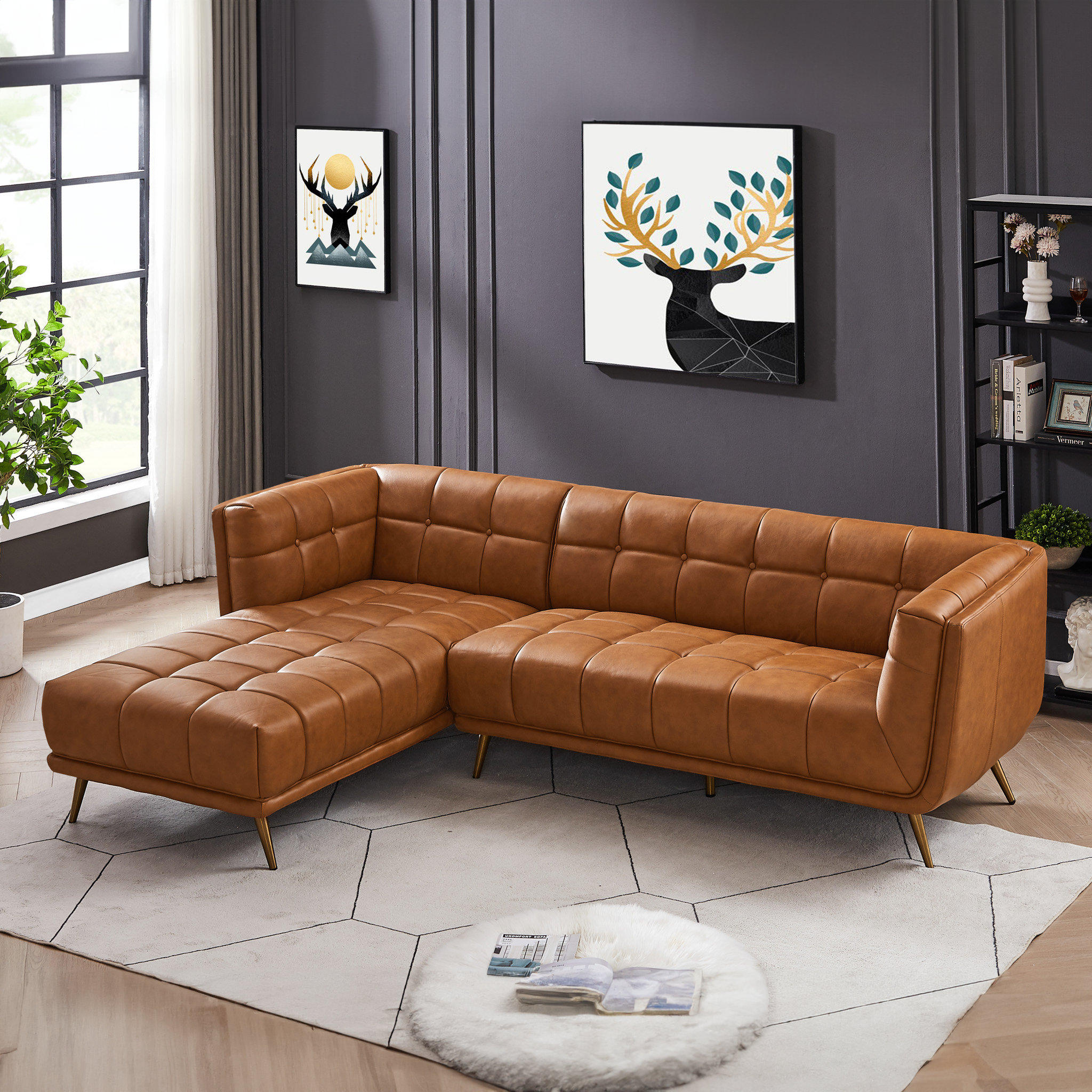 Wade Logan® Archee 104" Mid Century Modern Genuine Leather Chesterfield ...