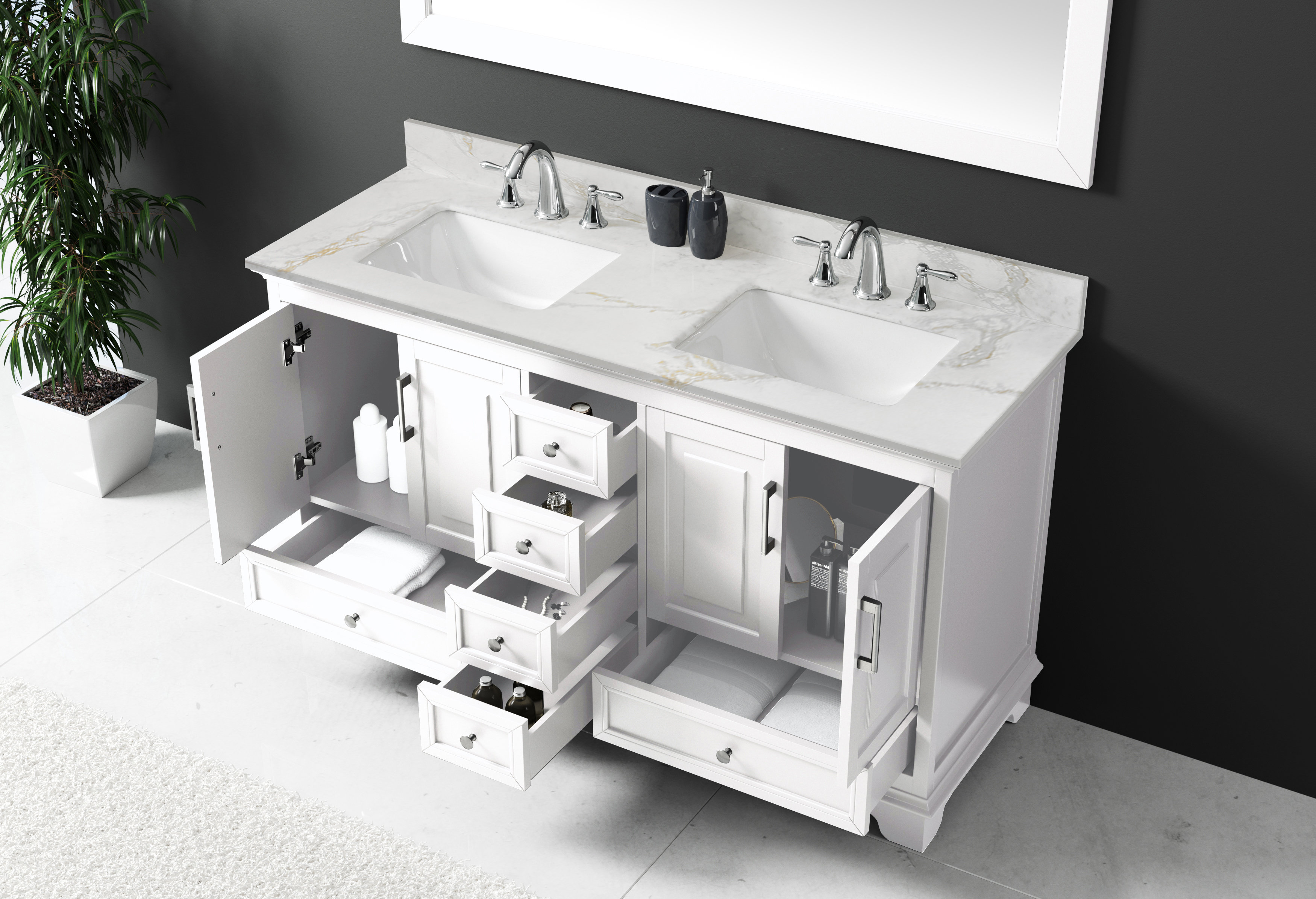 Lark Manor™ Cianfero 60 Inch Bath Vanity in Quartz Top 3 Faucet Holes ...