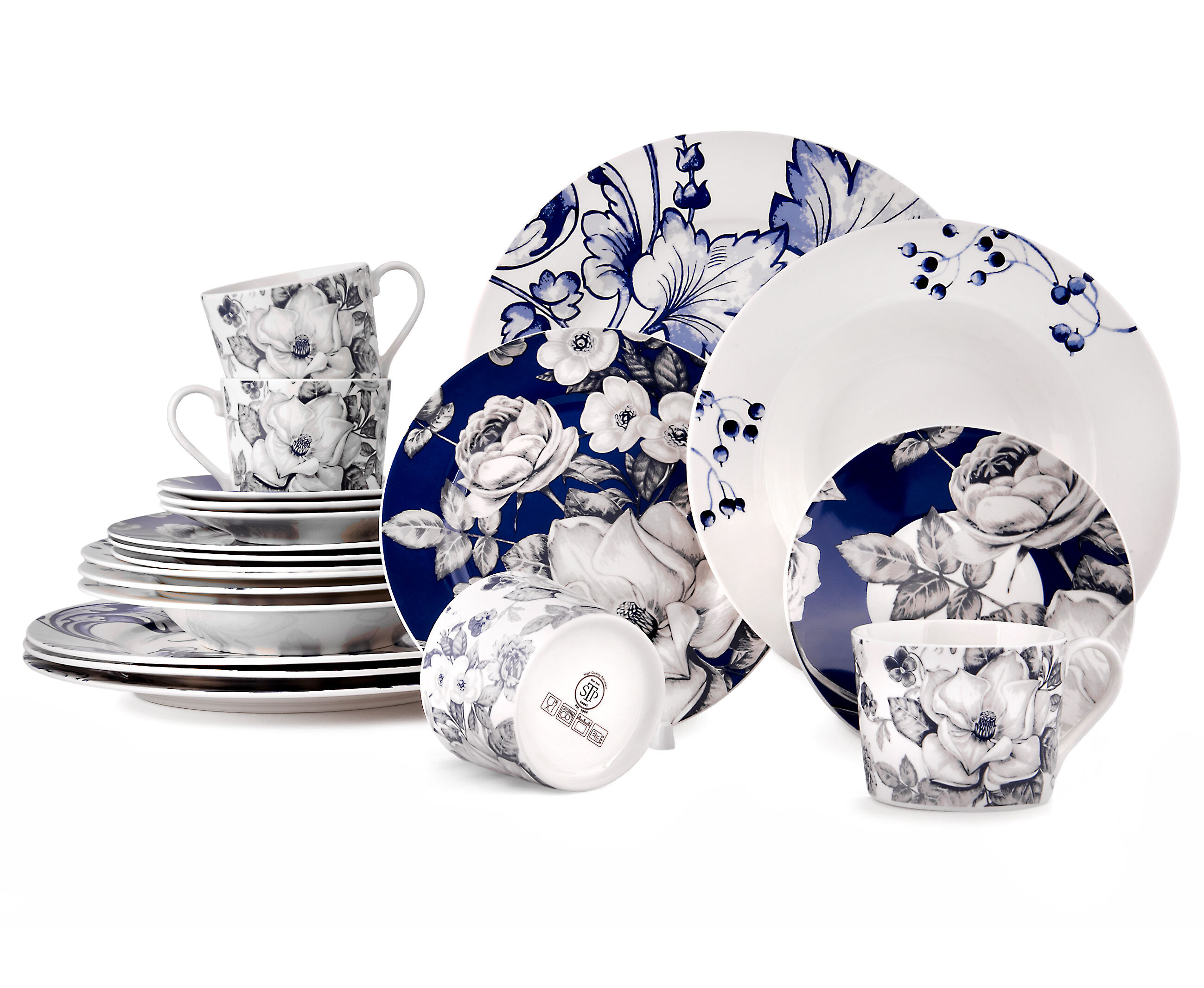 STP Goods Blue Magnolia Porcelain China Dinnerware Set - Service for 4 ...