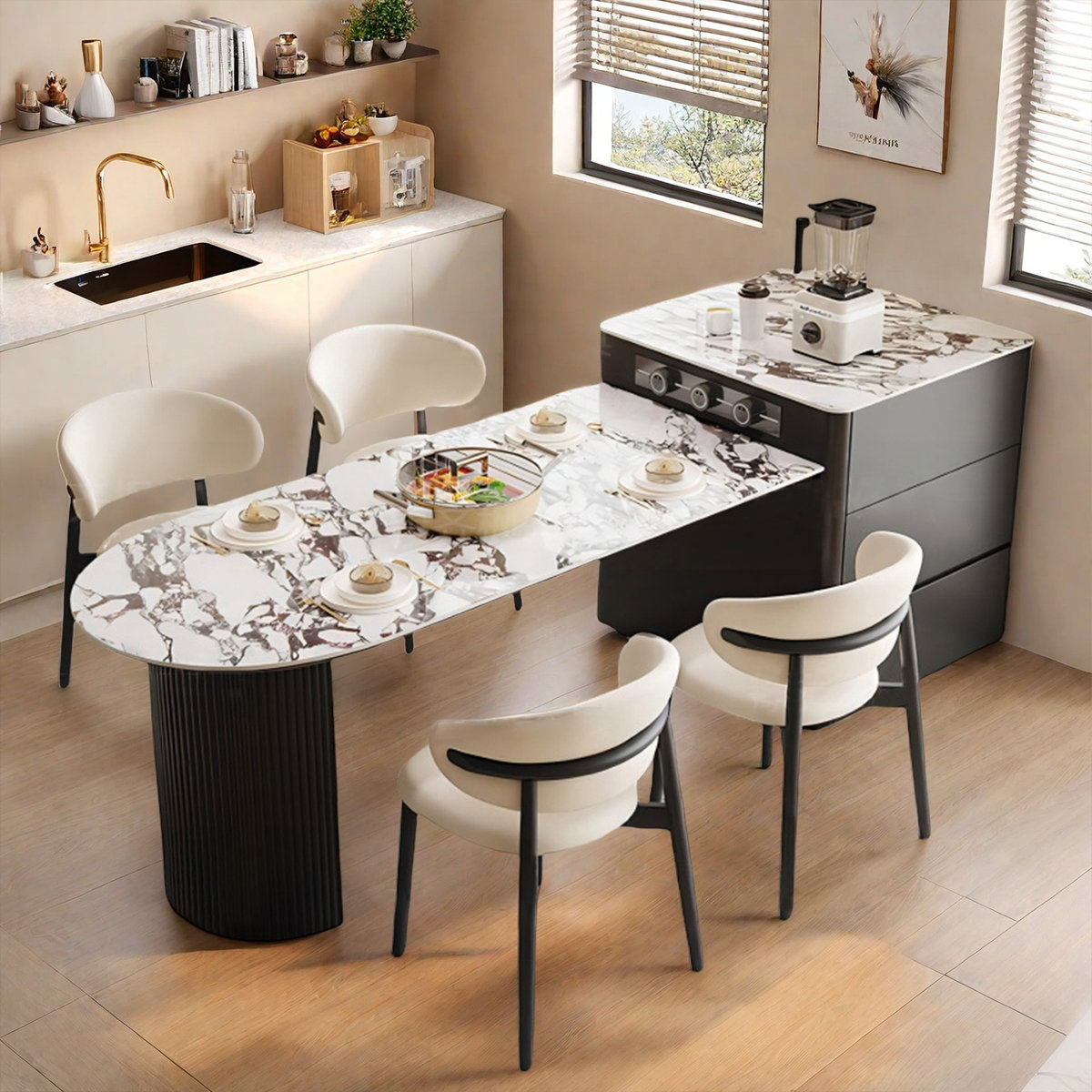 Orren Ellis Modern Sintered stone Kitchen Island Set with Extendable ...