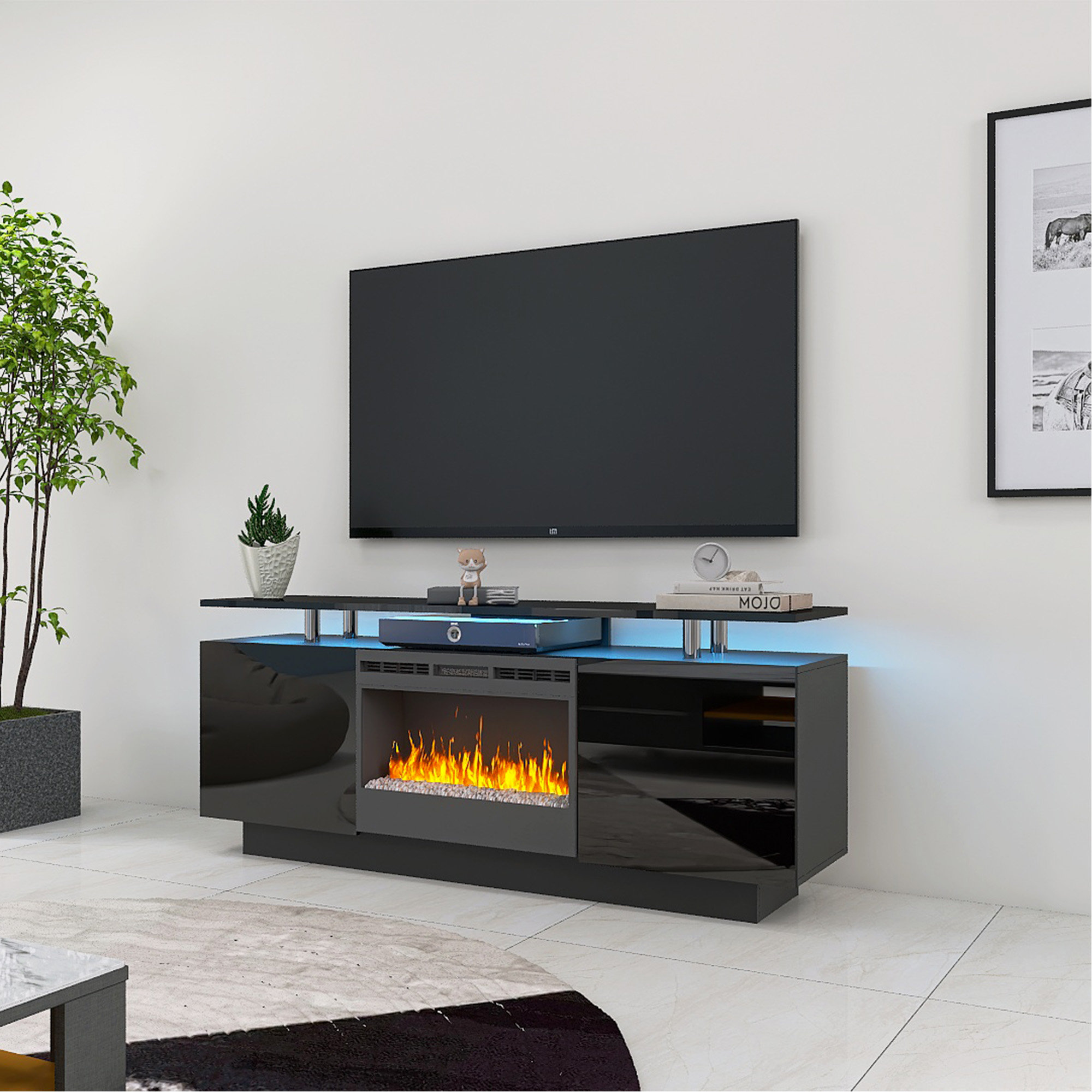 Ivy Bronx Black 160CM Large TV Cabinet With Fireplace Can Heating ...