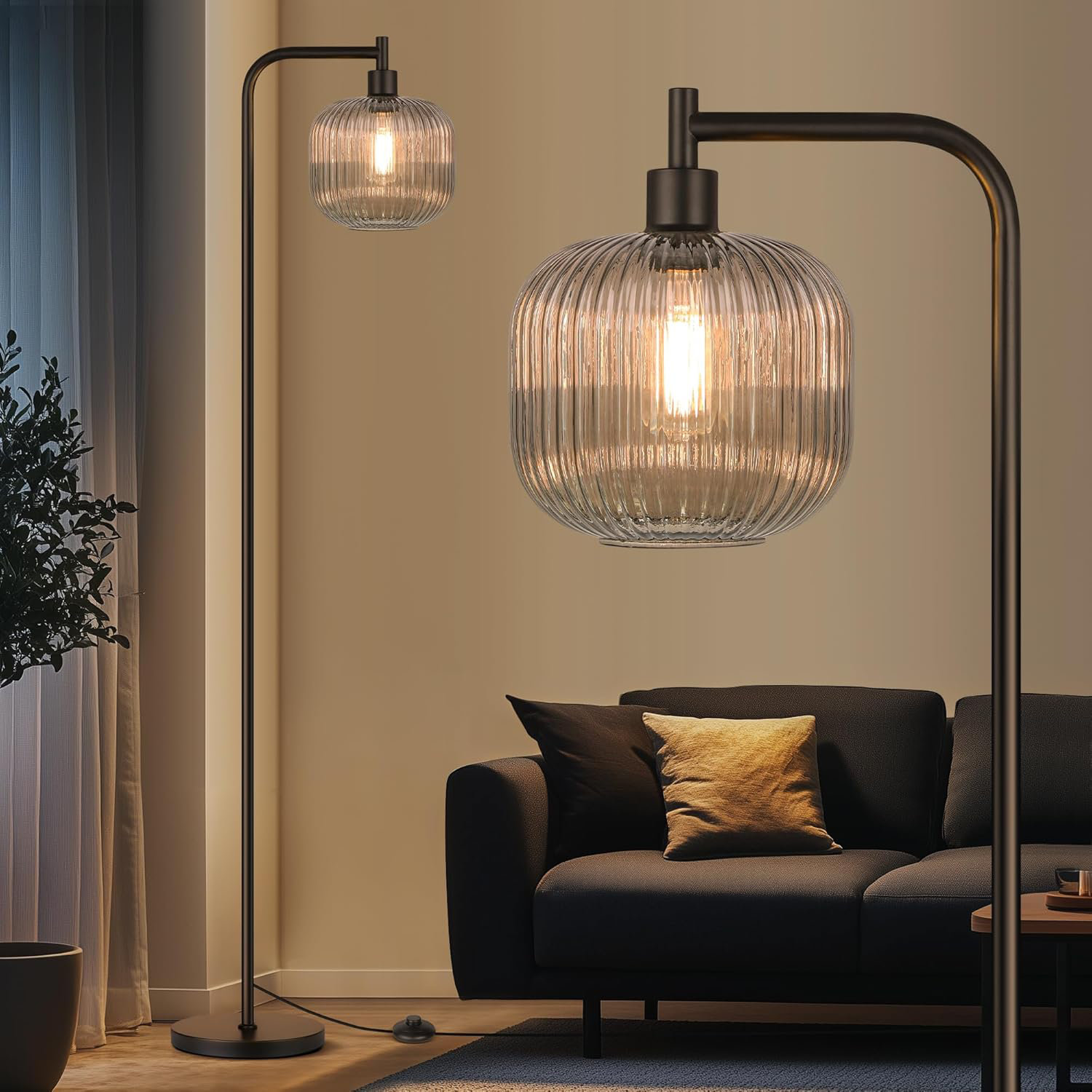 Everly Quinn 67" Modern Glass Floor Lamp With Ribbed Clear Shade, Pedal ...