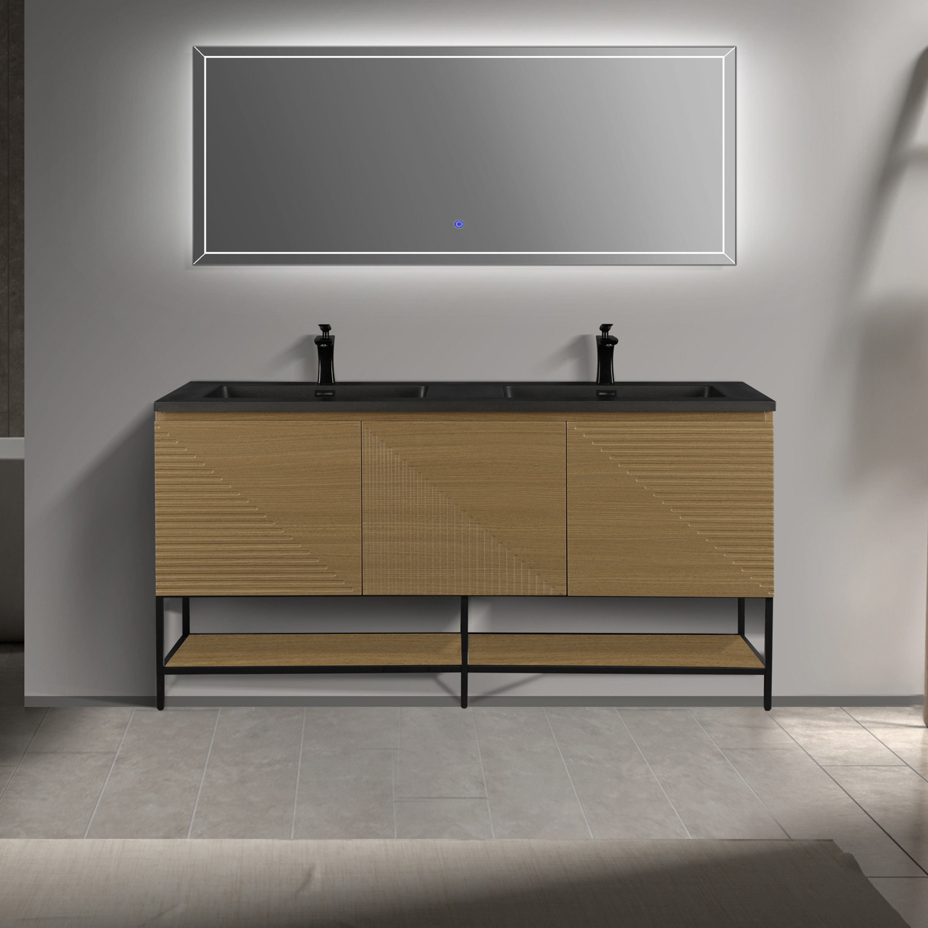 Ebern Designs Arsenovic 60-Inch Floating Vanity In Light Oak With Open ...