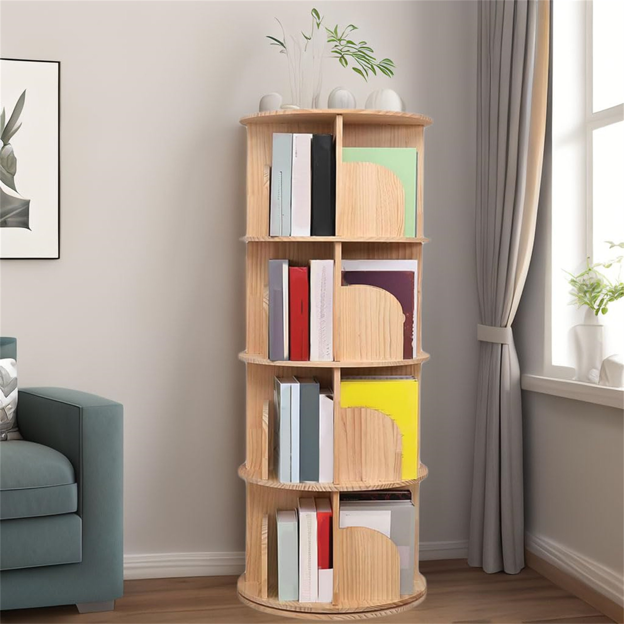 Ebern Designs Rotating Bookshelf 360 Display Floor Standing Wood ...
