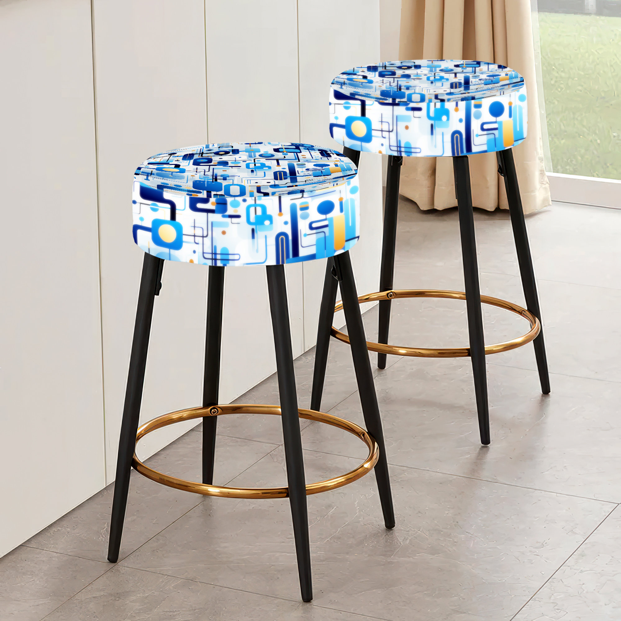 Design Art Cobalt Blue And White Grid Geometric - Geometric Bar Stools ...