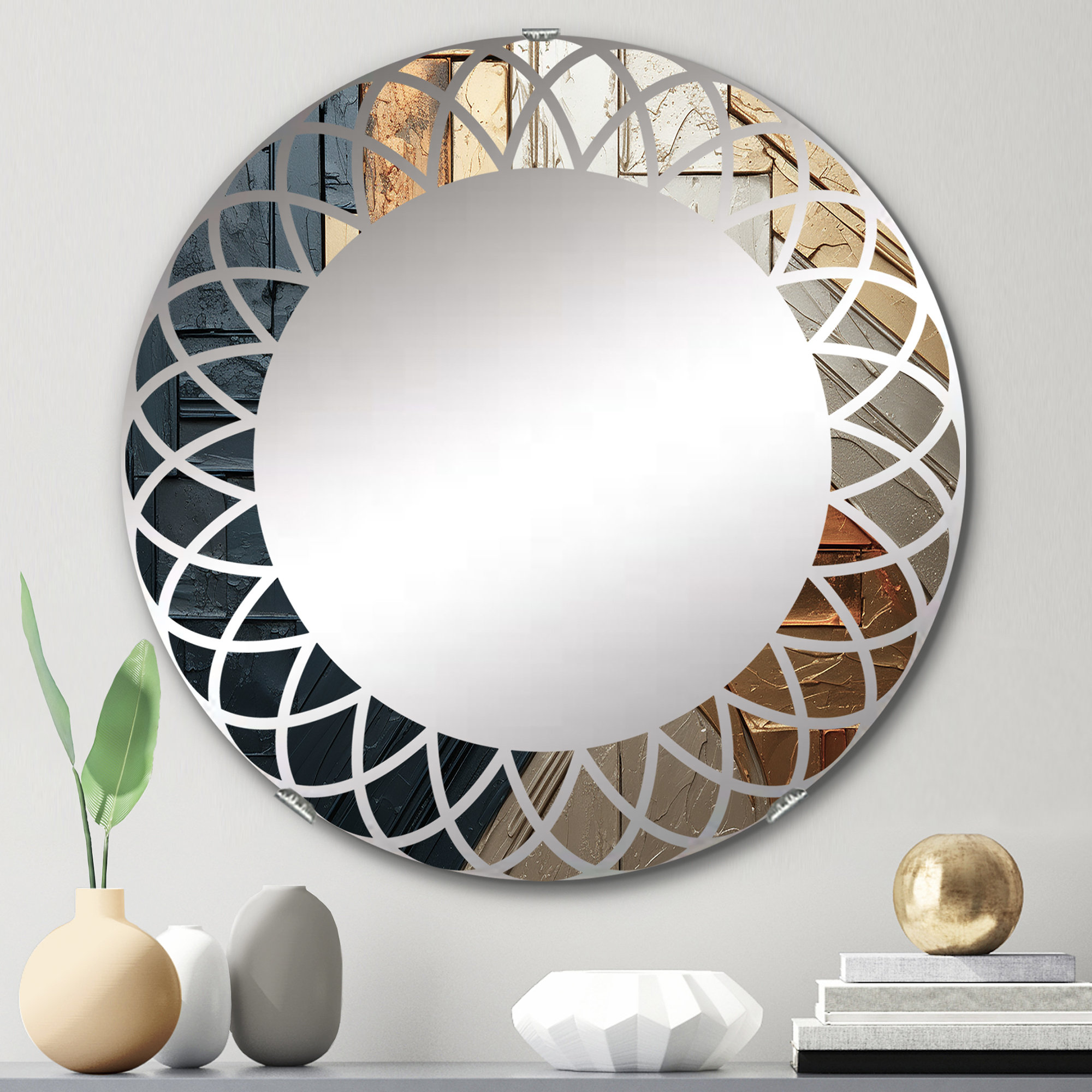 Design Art Gold Grey Gleaming Geometry II - Modern Wall Mirror Round ...