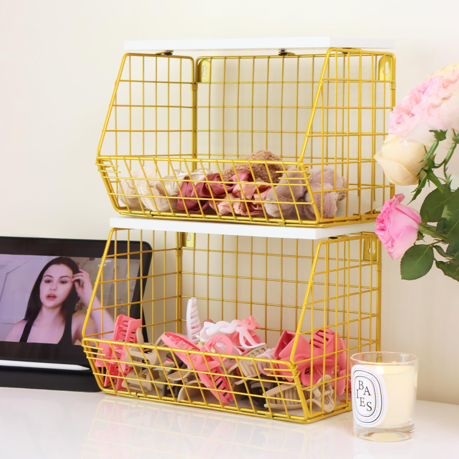 Everly Quinn Gold Wall-Mounted Stackable Wire Basket With Wood Lid ...