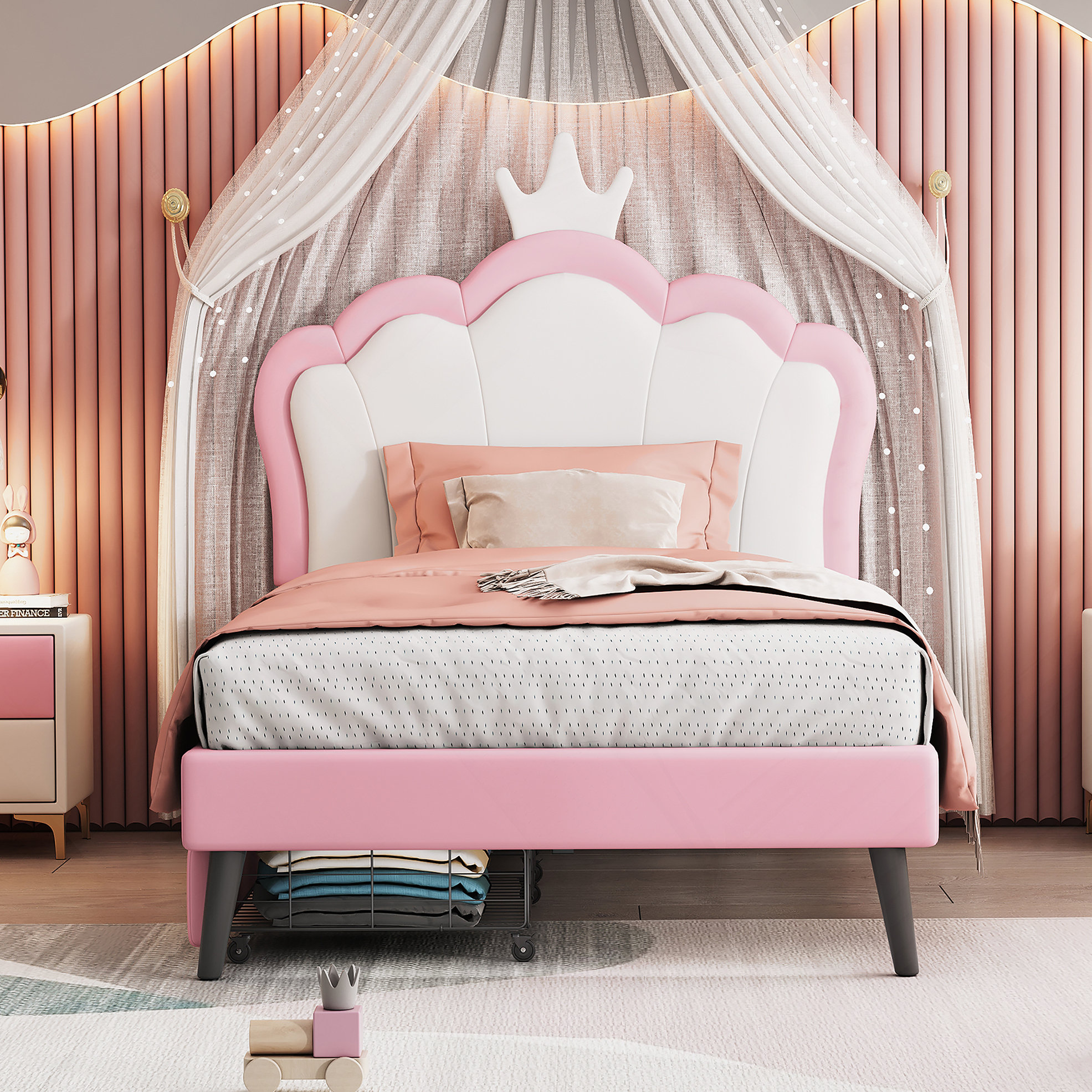 Mercer41 Upholstered Princess Bed With Crown Headboard and 2 Drawers ...