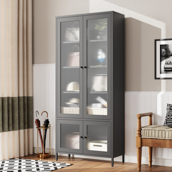 Latitude Run® Metal Bookcase, Storage Cabinet With Fluted Glass Doors ...