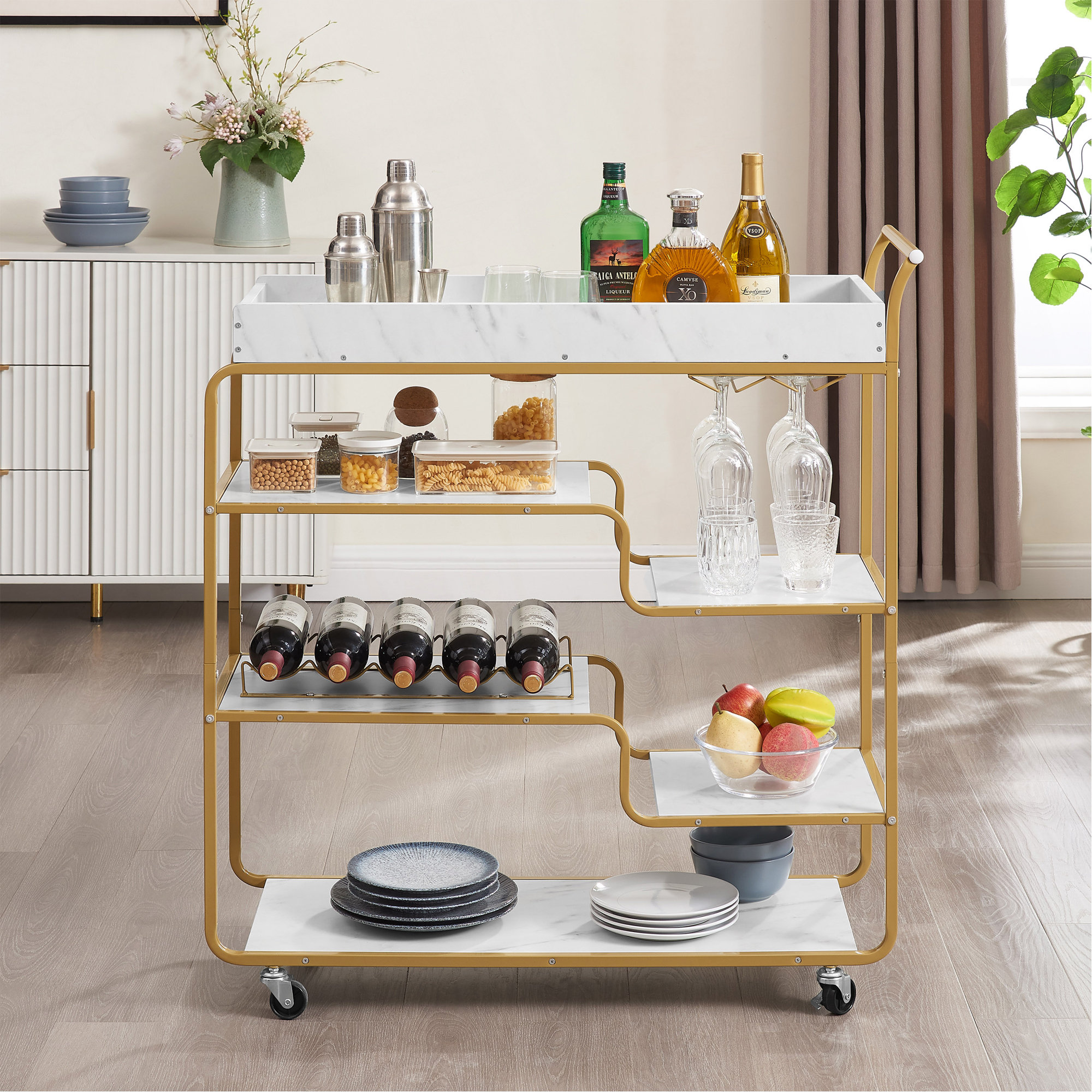 Ophelia & Co. 6-Tier Bar Cart, Slide Bar Serving Cart, Retro Style Wine ...